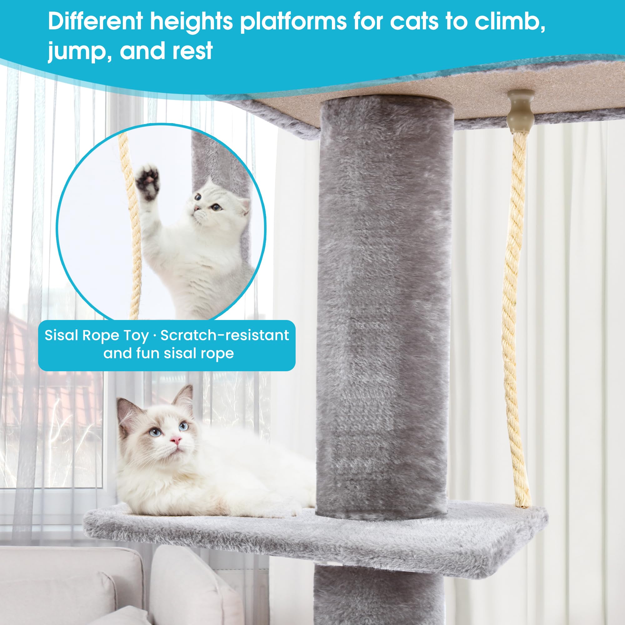 5-Tier Cat Tree, 89-109 Inch Adjustable Height, Sisal Scratching Post ...