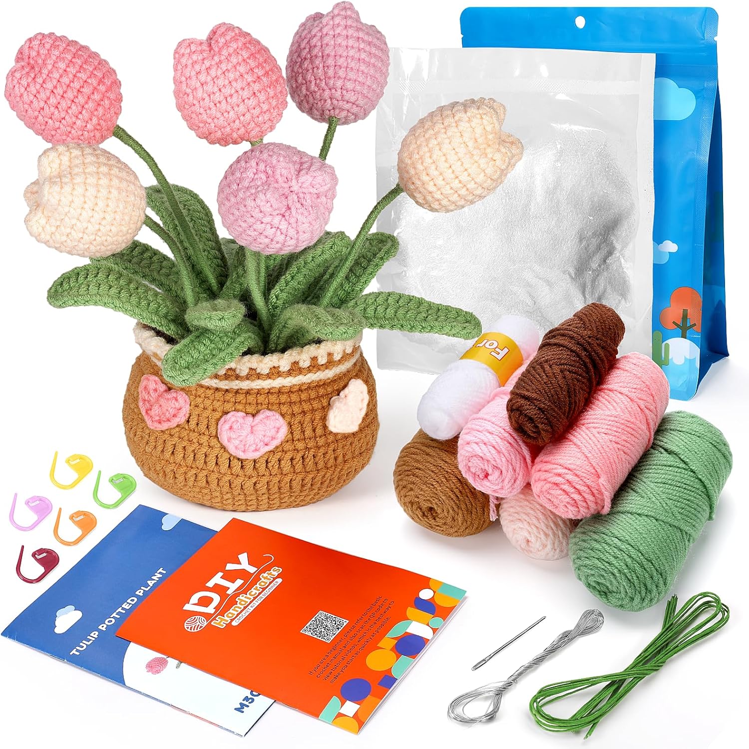 CestMall Crochet Kit for Beginners, Tulip Potted Plants Hooks Crochet ...