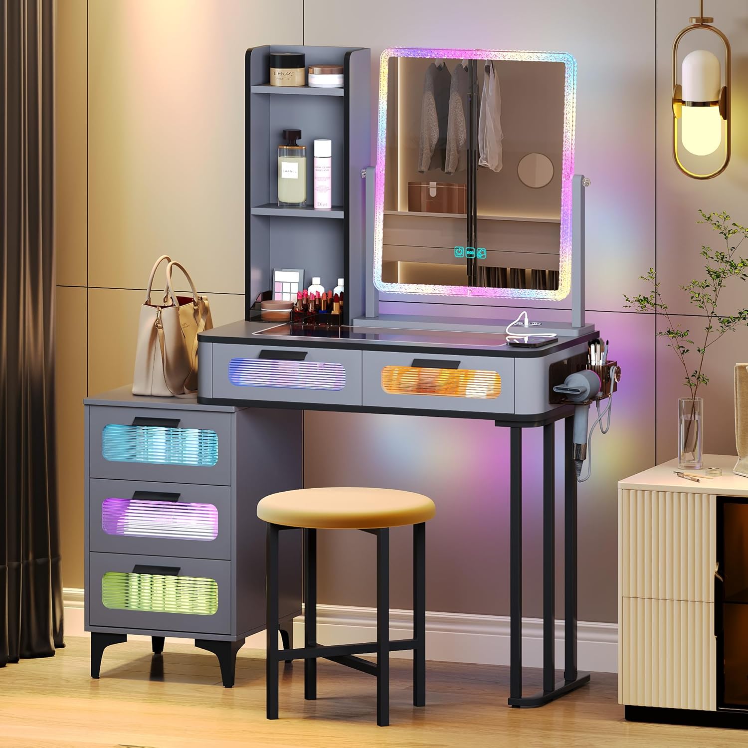 Amazon.com: HWB Vanity Desk with Mirror&Lights,Glass Desktop RGB Makeup ...