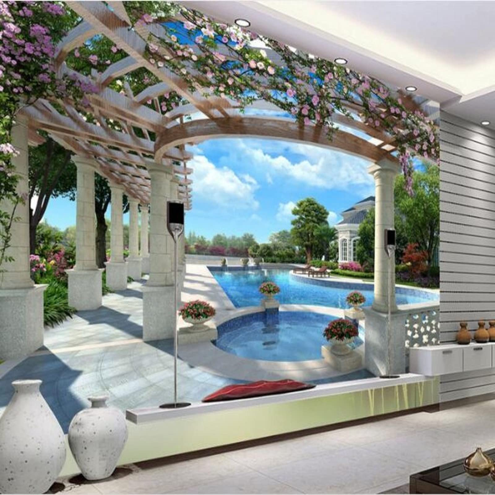 Pool Design Large Wall Floral Swimming Pool Print, Summer Art,