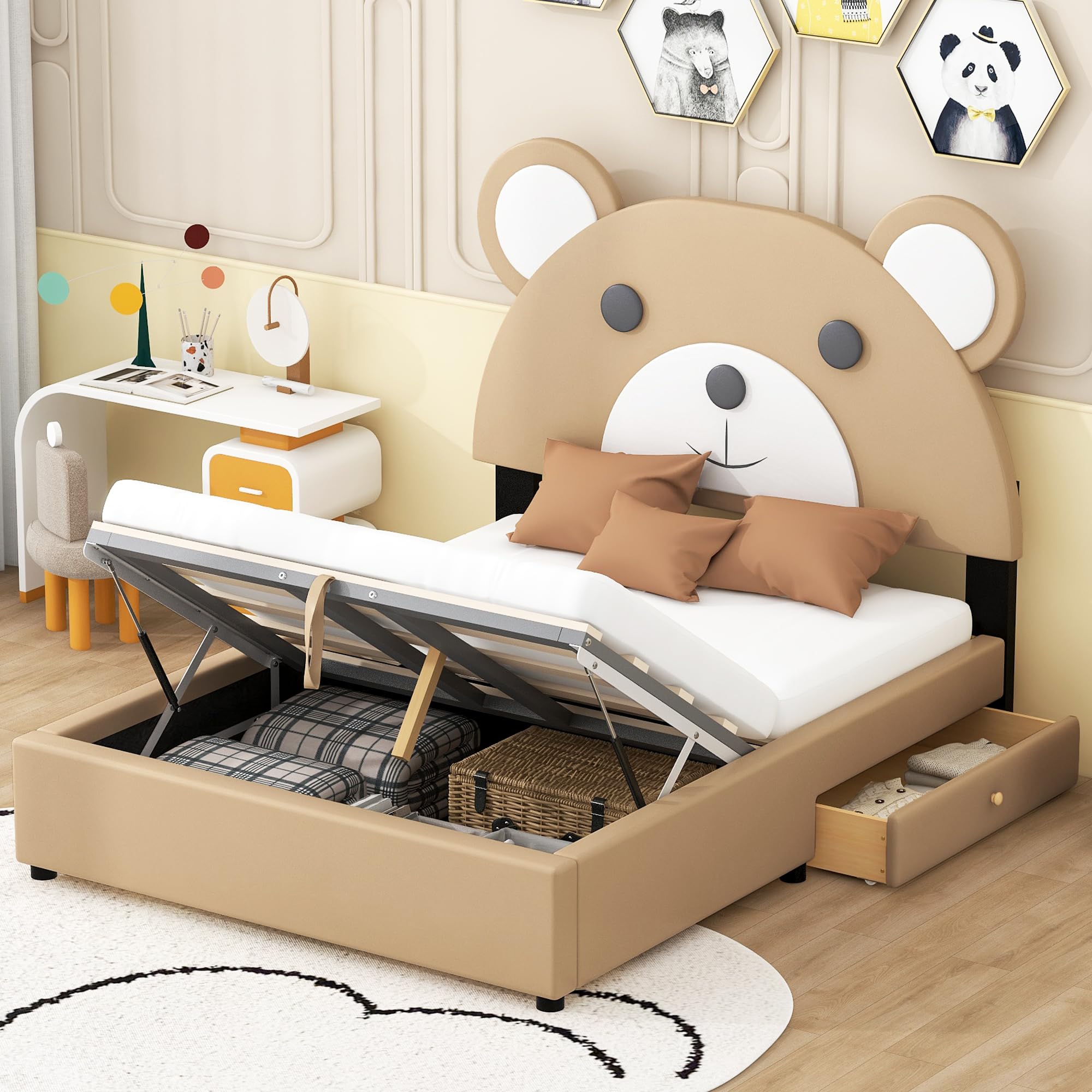 Amazon.com: CABSETT Upholstered Full Size Platform Bed Frame with Cute ...