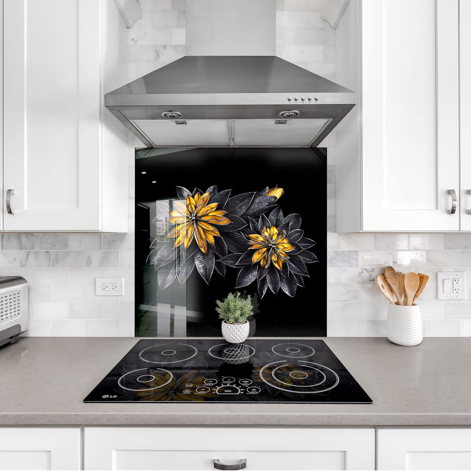 Myphotostation Tempered Glass Splashback 59Wx23.6H'-Black Flower ...