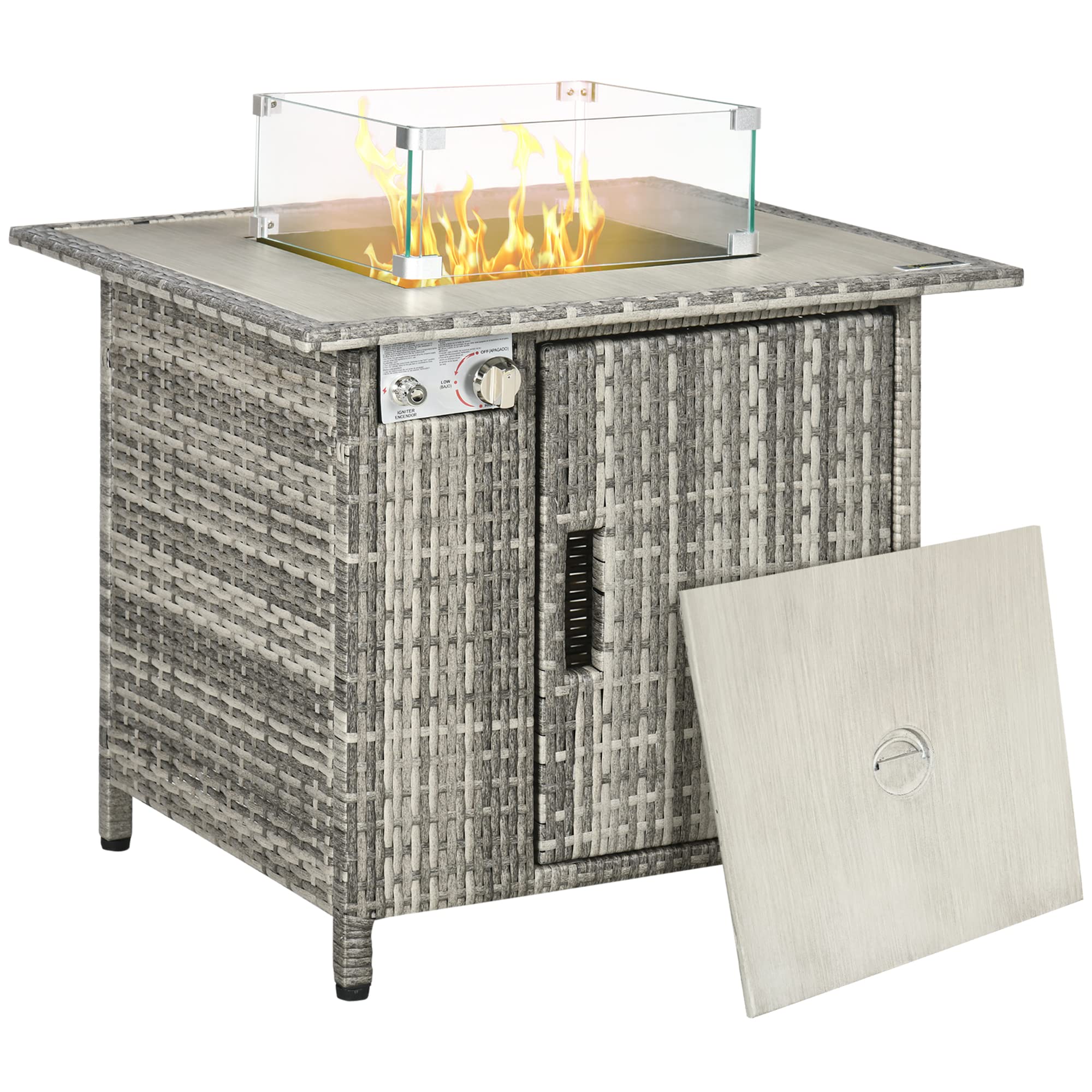 Outsunny Outdoor PE Rattan Gas Fire Pit Table, Patio Square Propane ...
