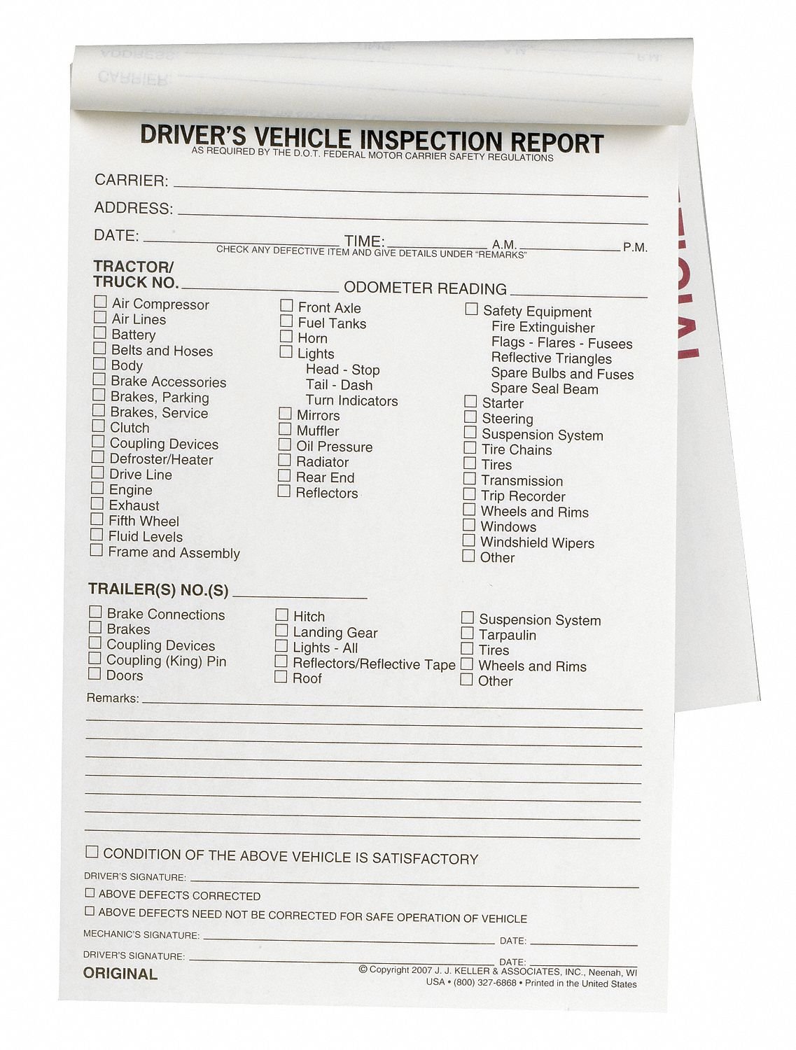 Buy J. J. Keller 685 Detailed Driver's Vehicle Inspection Report ...