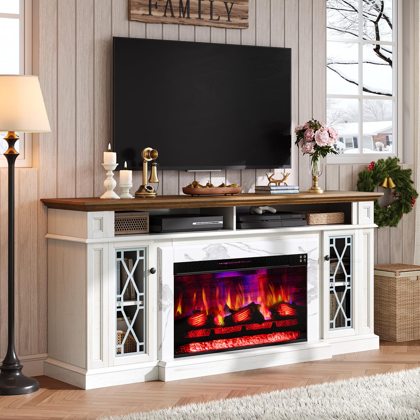 Amazon.com: AMERLIFE 70" Farmhouse Heavy Fireplace TV Stand with 33 ...