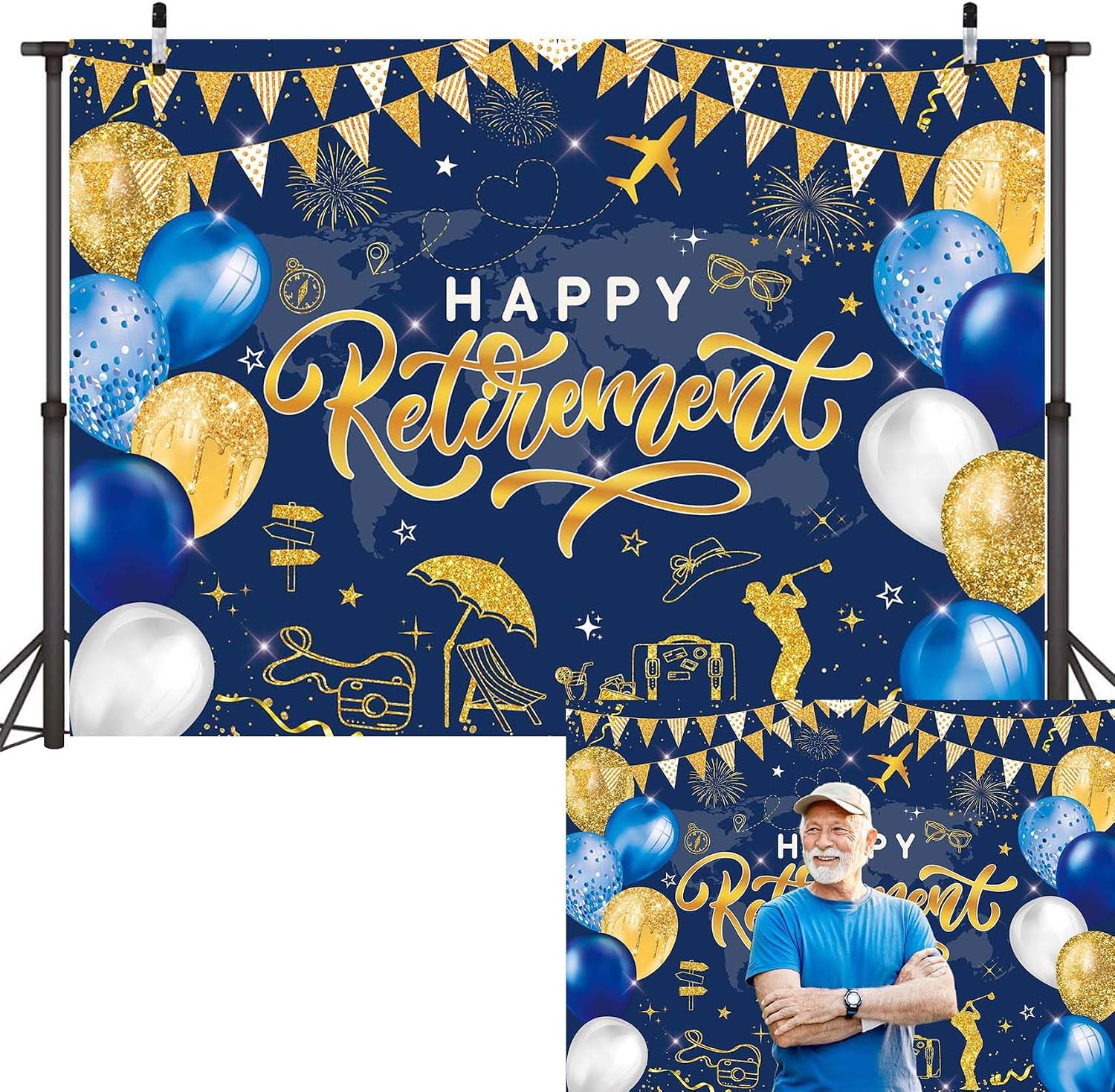 Amazon.com : PGSWEER Blue Gold Retirement Backdrop 2.1x1.5m Blue and ...