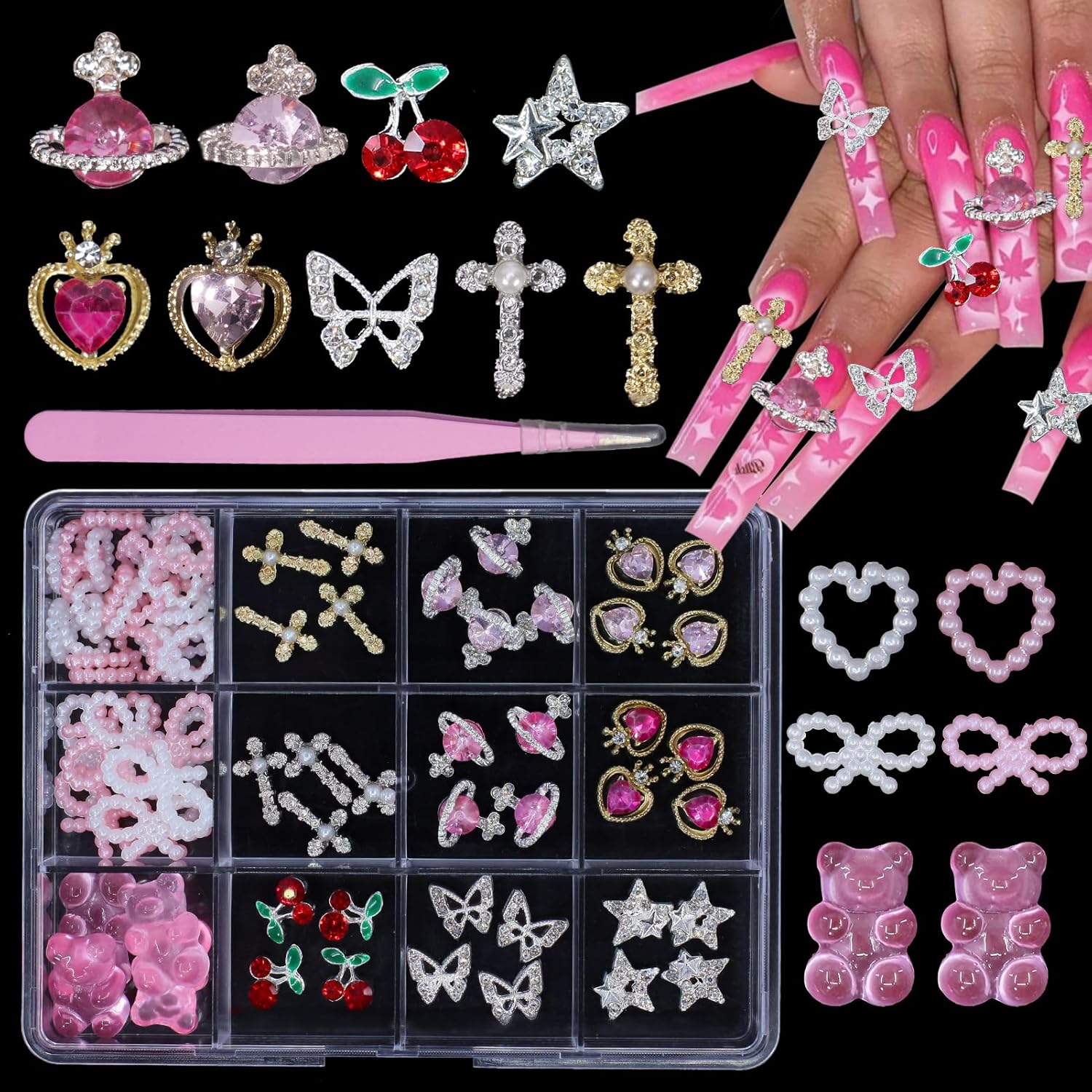 Amazon.com: 3D Nail Gems Charms, Silver Gold Alloy Cherry Butterfly ...