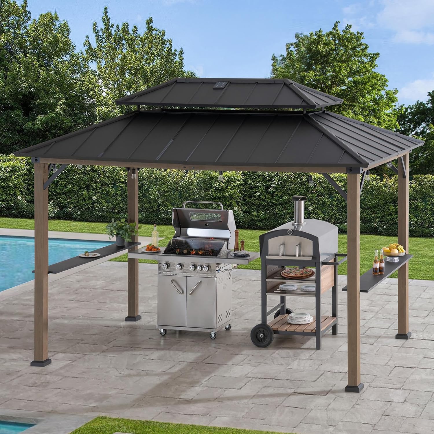 Amazon.com : Sunjoy Wooden Grill Gazebo, 8 x 12 ft. Steel Hardtop ...