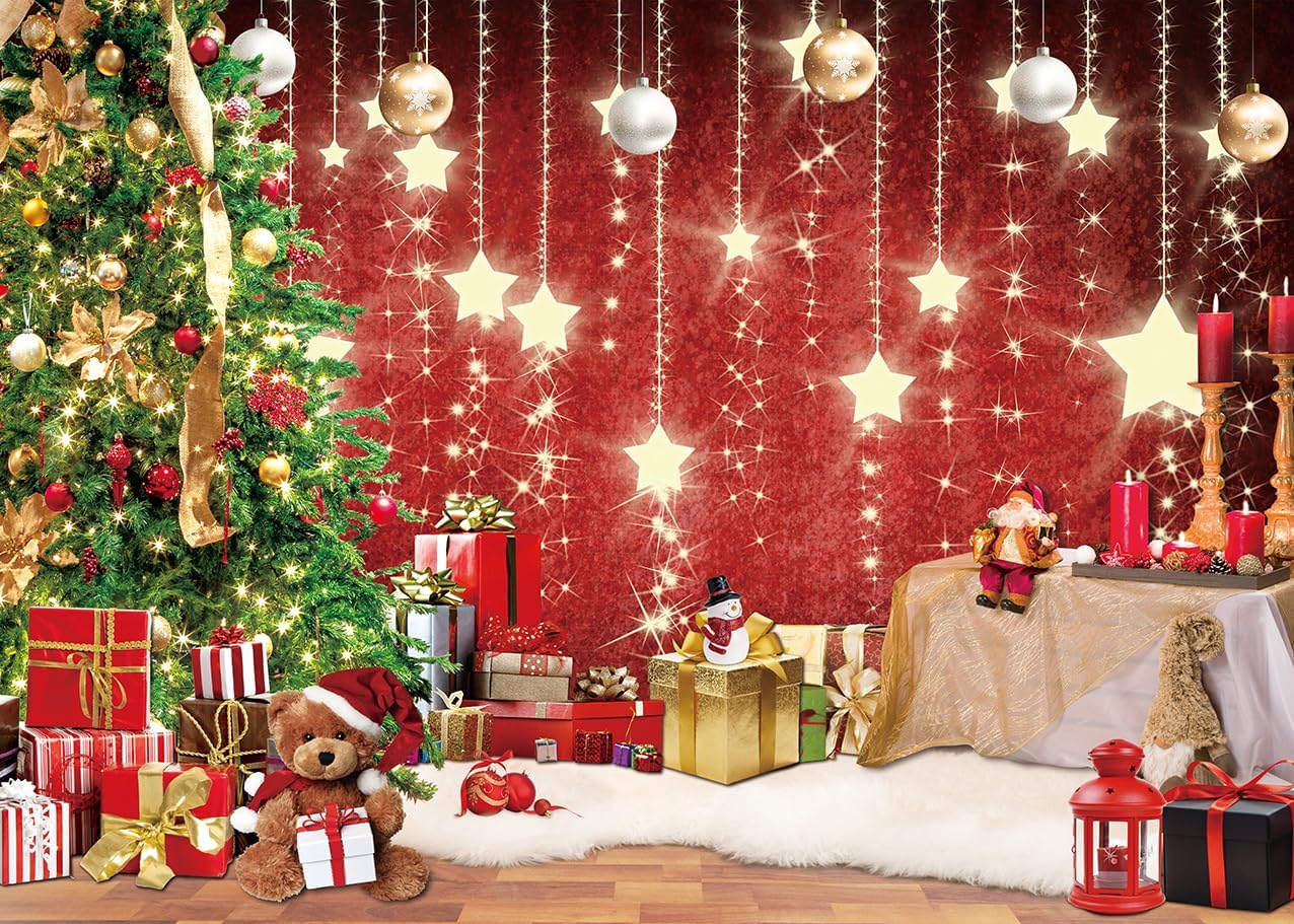 Amazon.com : Red Christmas Backdrop Xmas Tree Shining Stars Gold Ball ...