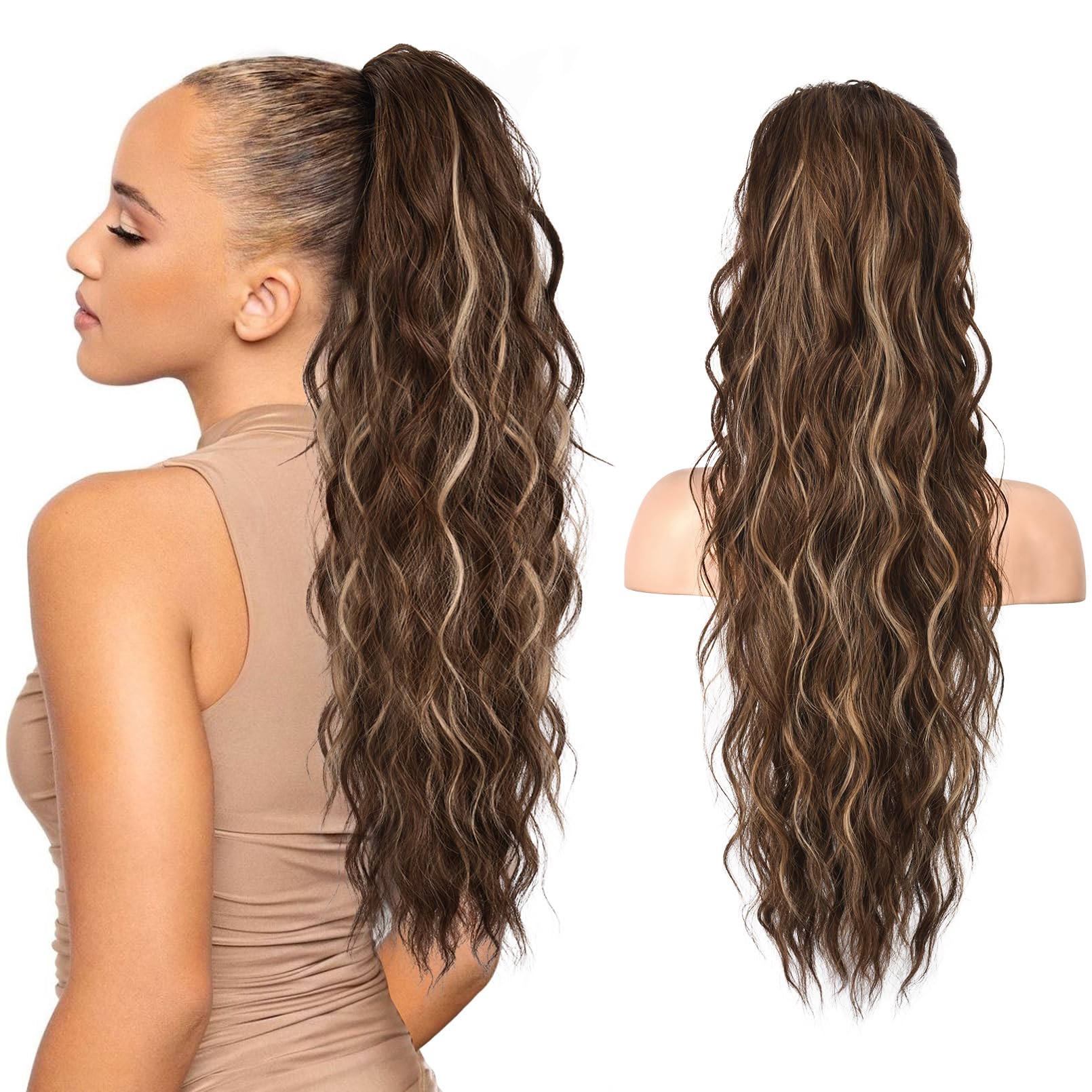 REECHO Ponytail Extension, 26" Long Beach Wave Drawstring Pony Hair ...