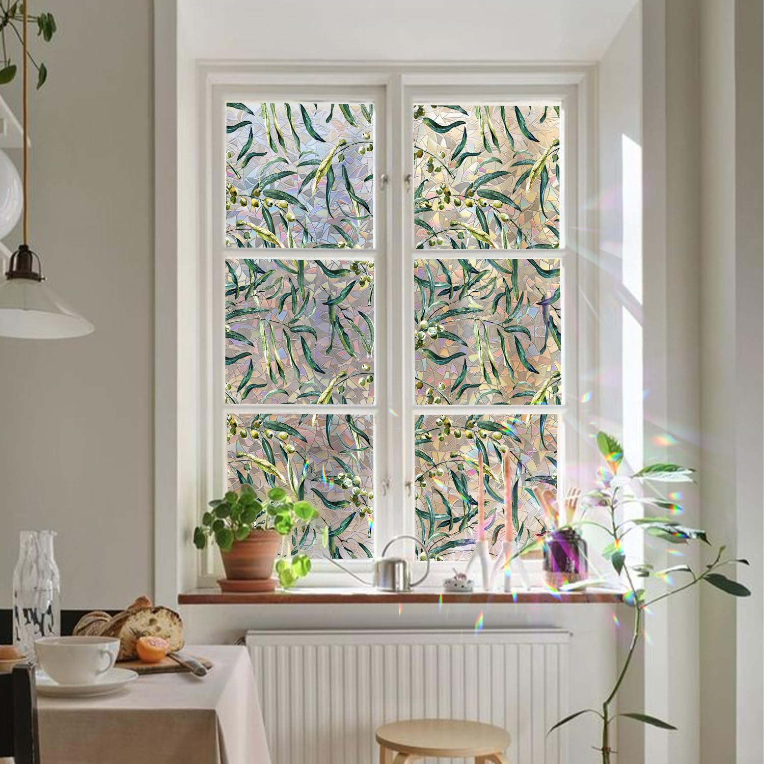 Amazon.com: Flortlias Rainbow Watercolor Green Leaves Window Film ...