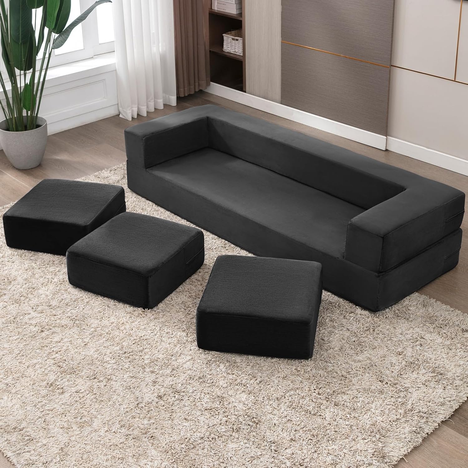 Amazon.com: CECER 80" Convertible Floor Sofa Bed with 3 Ottomans, Fold ...