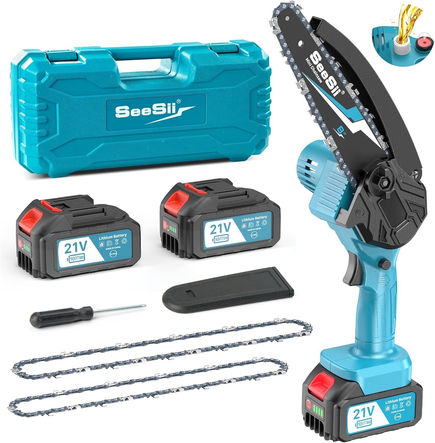 SEESII 8 Inch Mini Cordless Chainsaw with High Capacity 4000mAh x2 ...