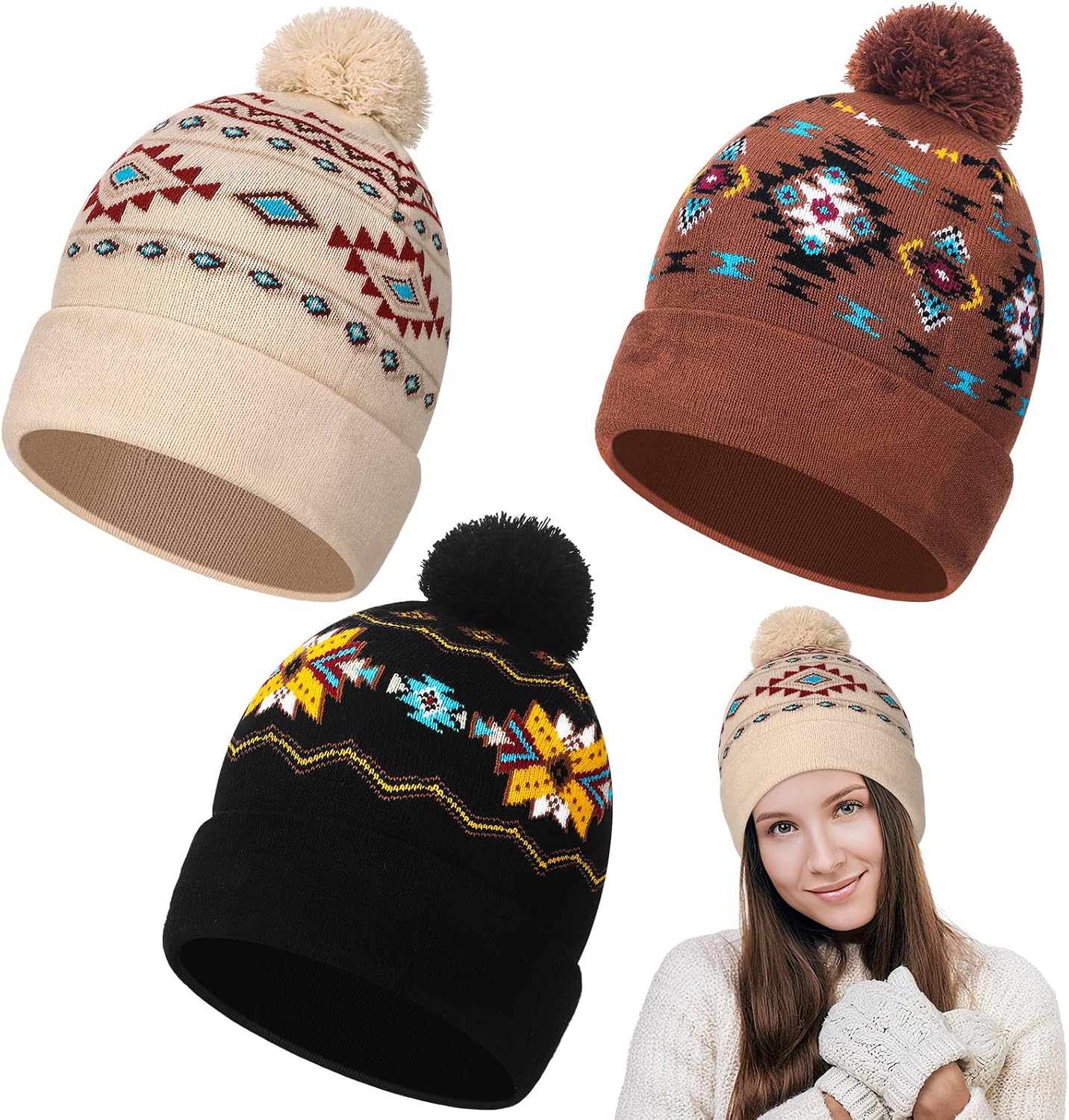 Bonuci 3 Pcs Winter Southwestern Aztec Beanie Hat Knitted Hat with Faux ...