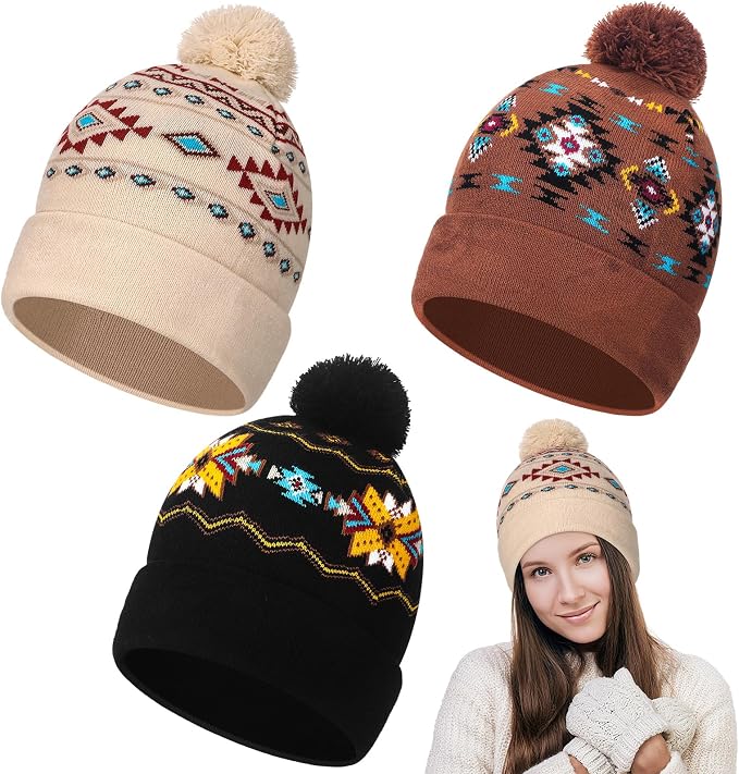 Bonuci 3 Pcs Winter Southwestern Aztec Beanie Hat Knitted Hat with Faux ...