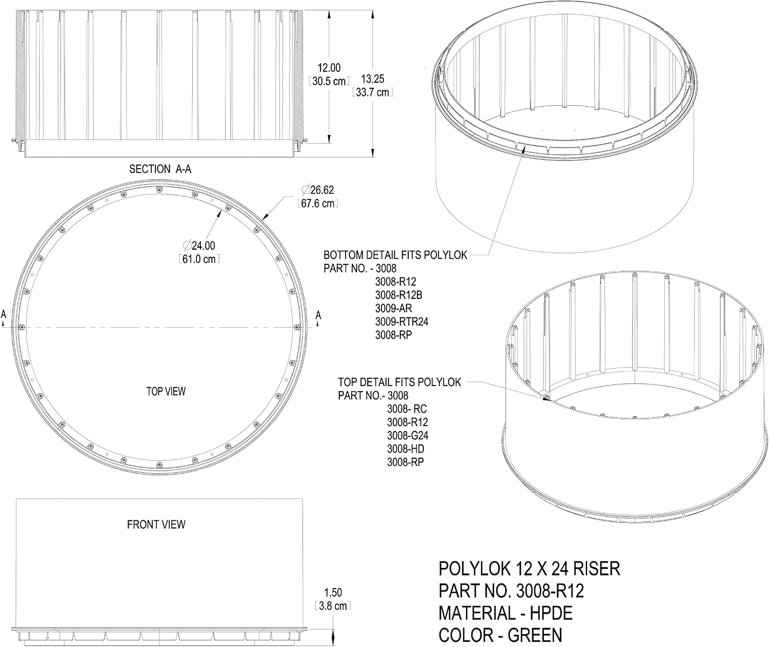 Polylok 24" x 12" Septic Tank Riser (PN: 3008-R12) - WAC Lighting 5011 ...