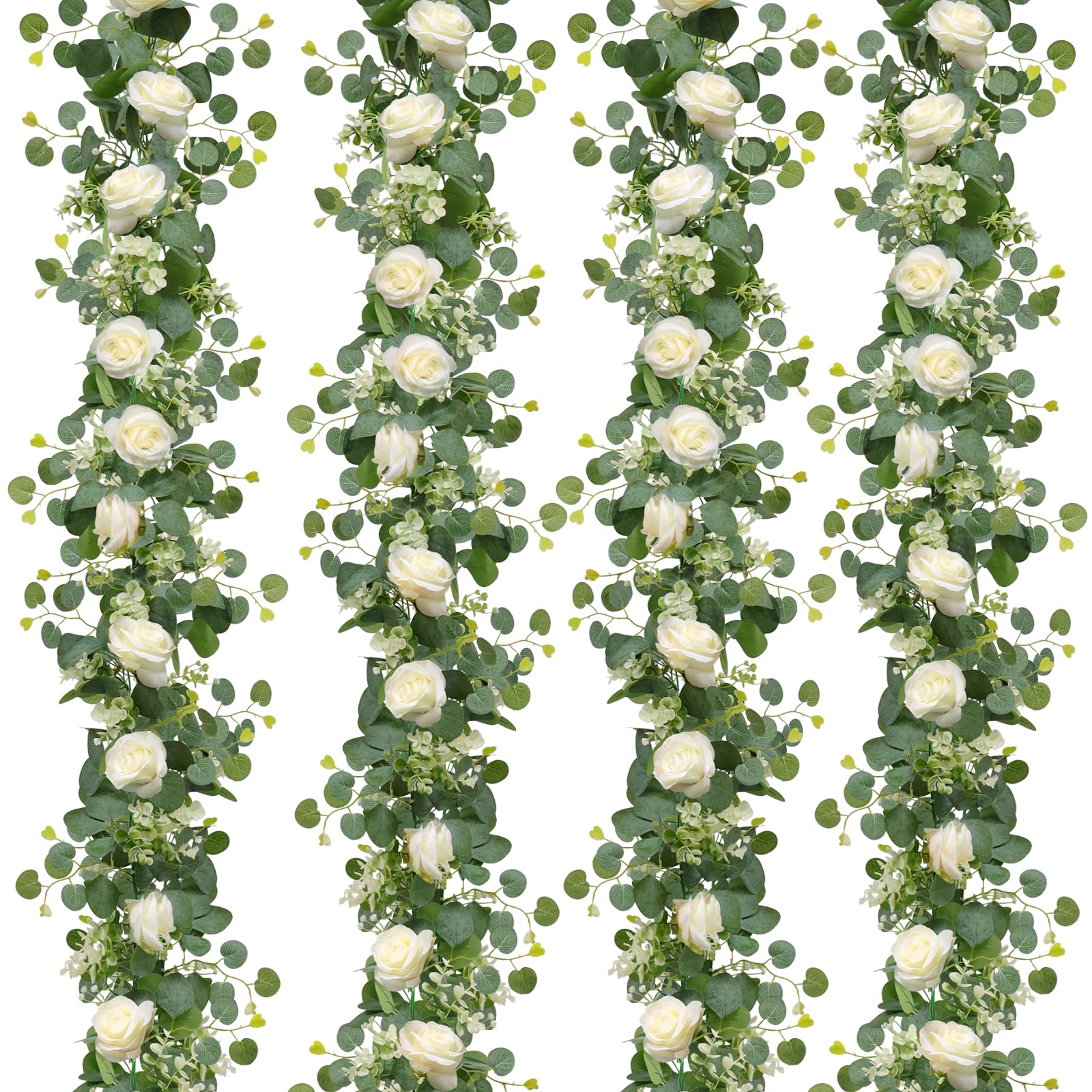 TOCHGREEN 4Pcs(26 Ft) Artificial Eucalyptus Flower Garland with White Rose Flowers,Faux Rose ...