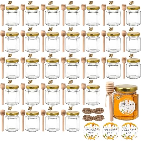 Amazon.com: BIGIVACA 3 Ounce Hexagonal Mini Glass Honey Jar with Wooden Dips, 30 Honey Jars with ...