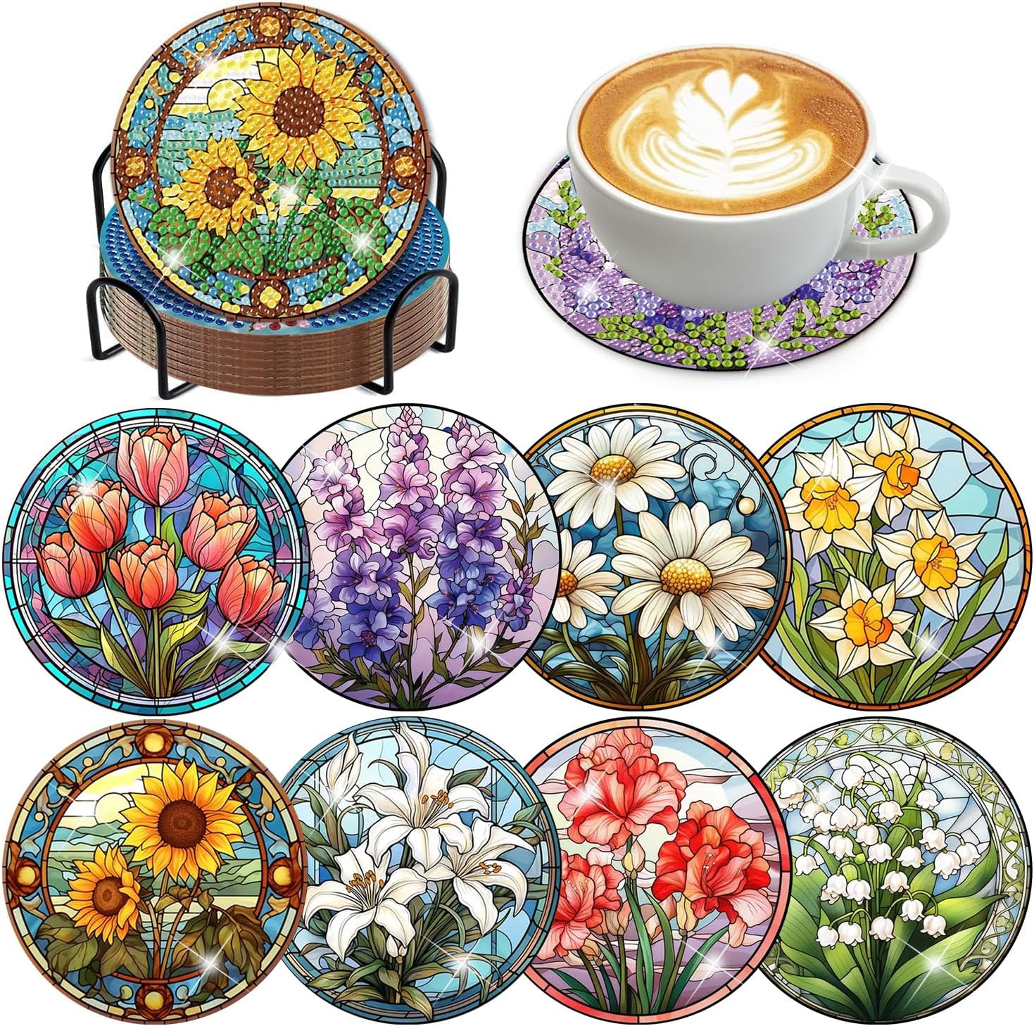 Amazon.com: croshom 8 PCS Flowers Diamond Art Coasters Diamond Painting ...