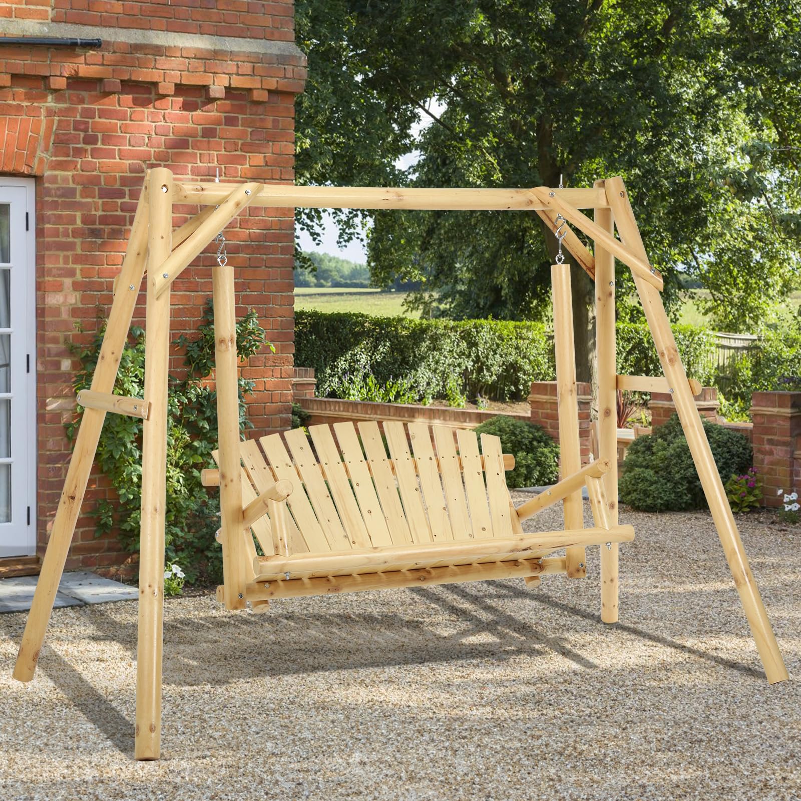 Amazon.com: HOMEDIARY Wooden 2-Seat Porch Swing with A-Frame Stand ...