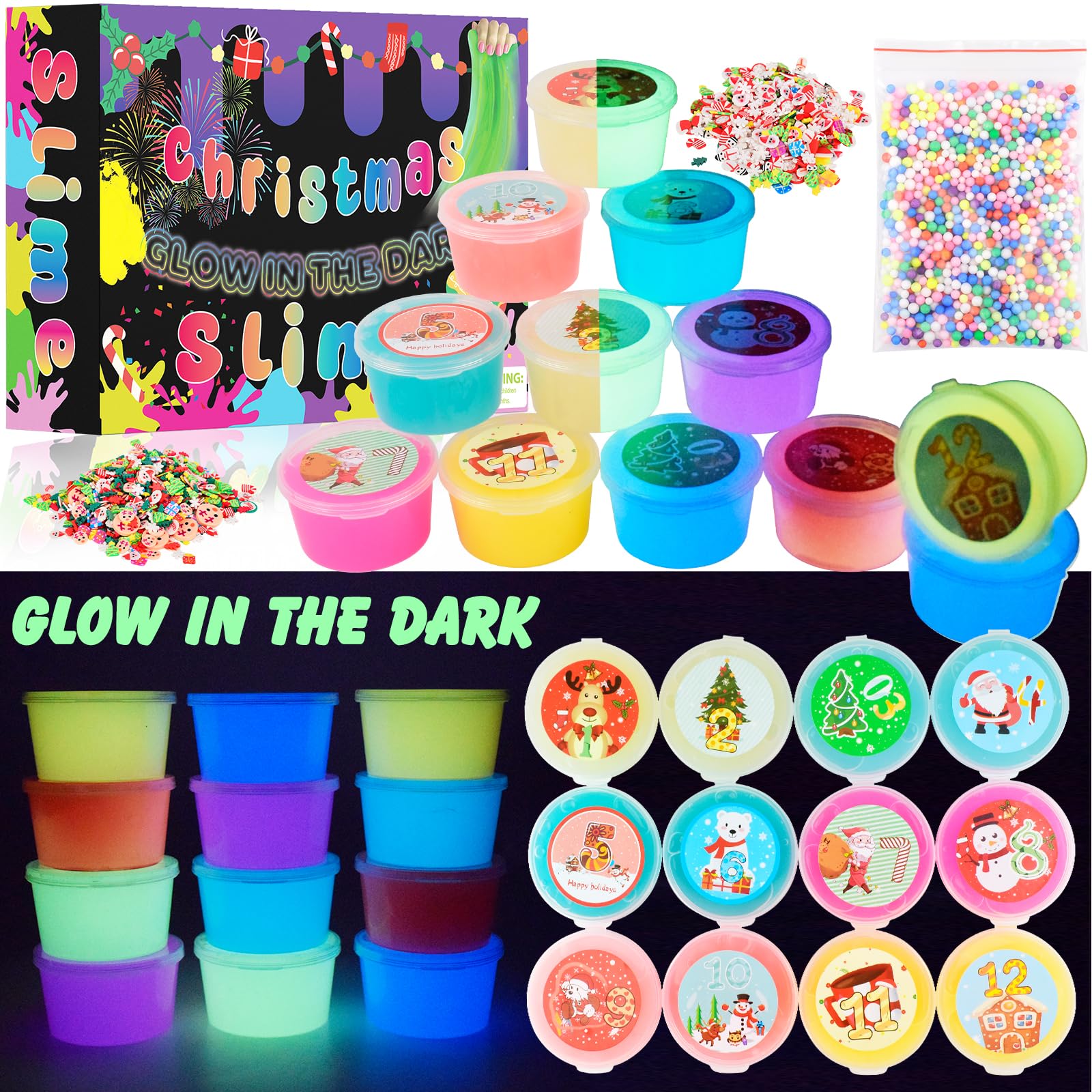 Christmas 12 Pack Galaxy Slime, Glow in The Dark Slime Kit for Girls ...