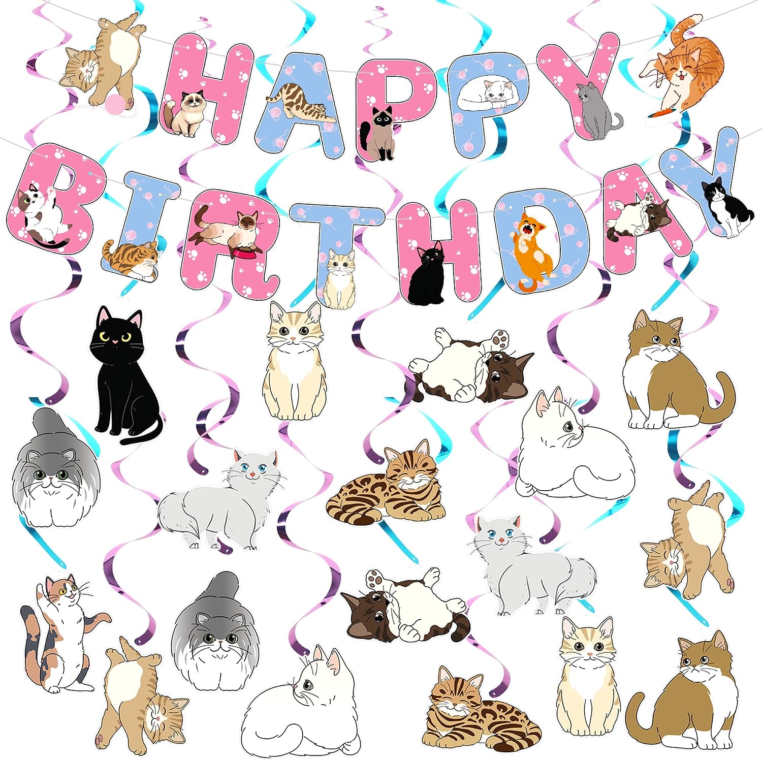 Amazon.com: 22 Pieces Cat Birthday Party Decorations Cat Hanging Swirls ...