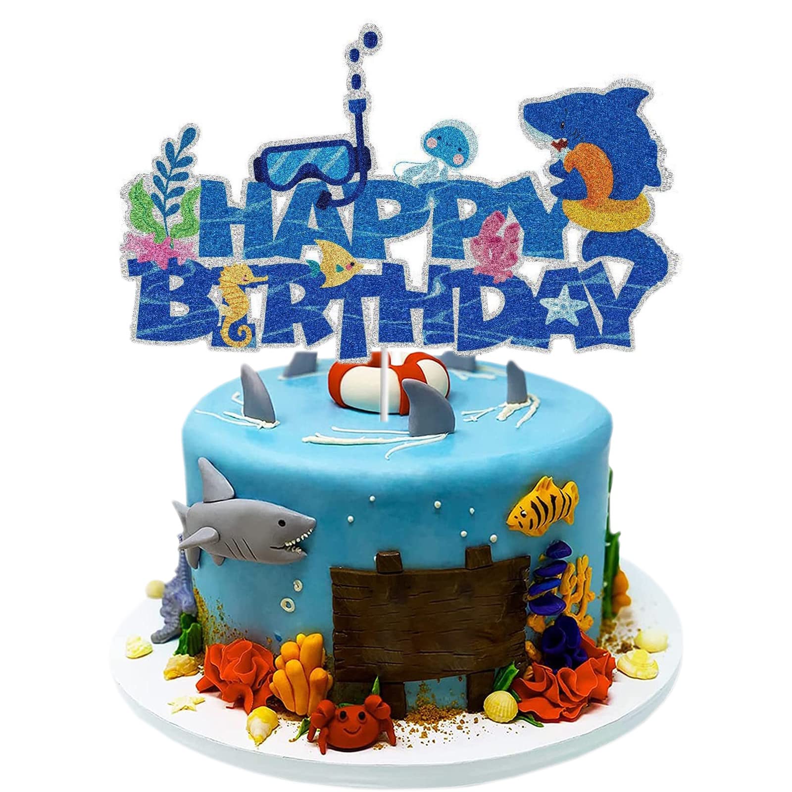 Ocean Cake Topper Blue Glitter Sea Fish Shark Octopus Seaweed ...