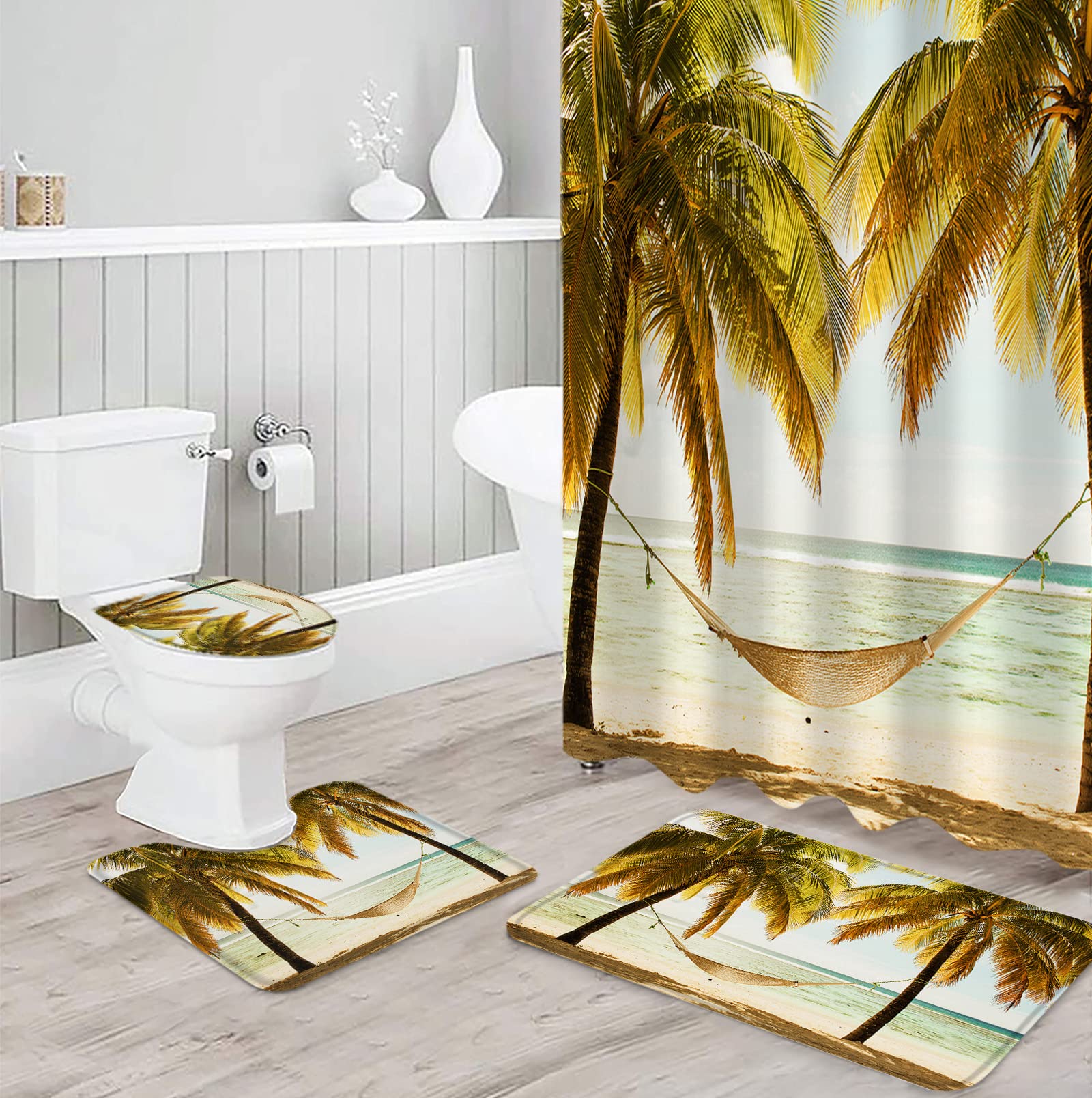 Palm Tree Bathroom Set Cheap 4pcs Summer Beach Shower Curtain Bathroom
