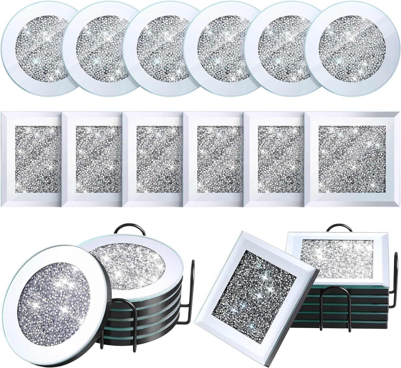 Amazon.com: 6 Pcs Glass Mirrored Coasters for Drinks with Holder ...