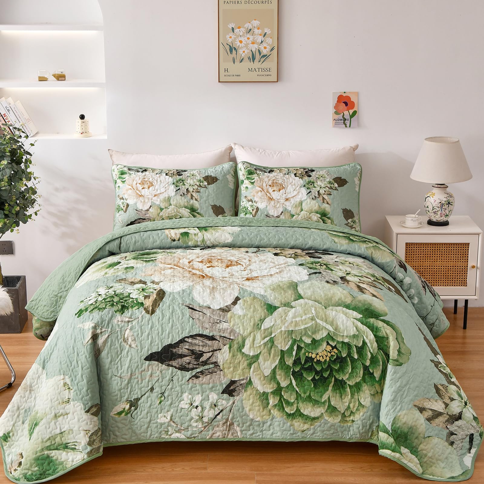 Amazon.com: WONGS BEDDING Floral Quilt Set Queen, Sage Green 3 Pieces ...