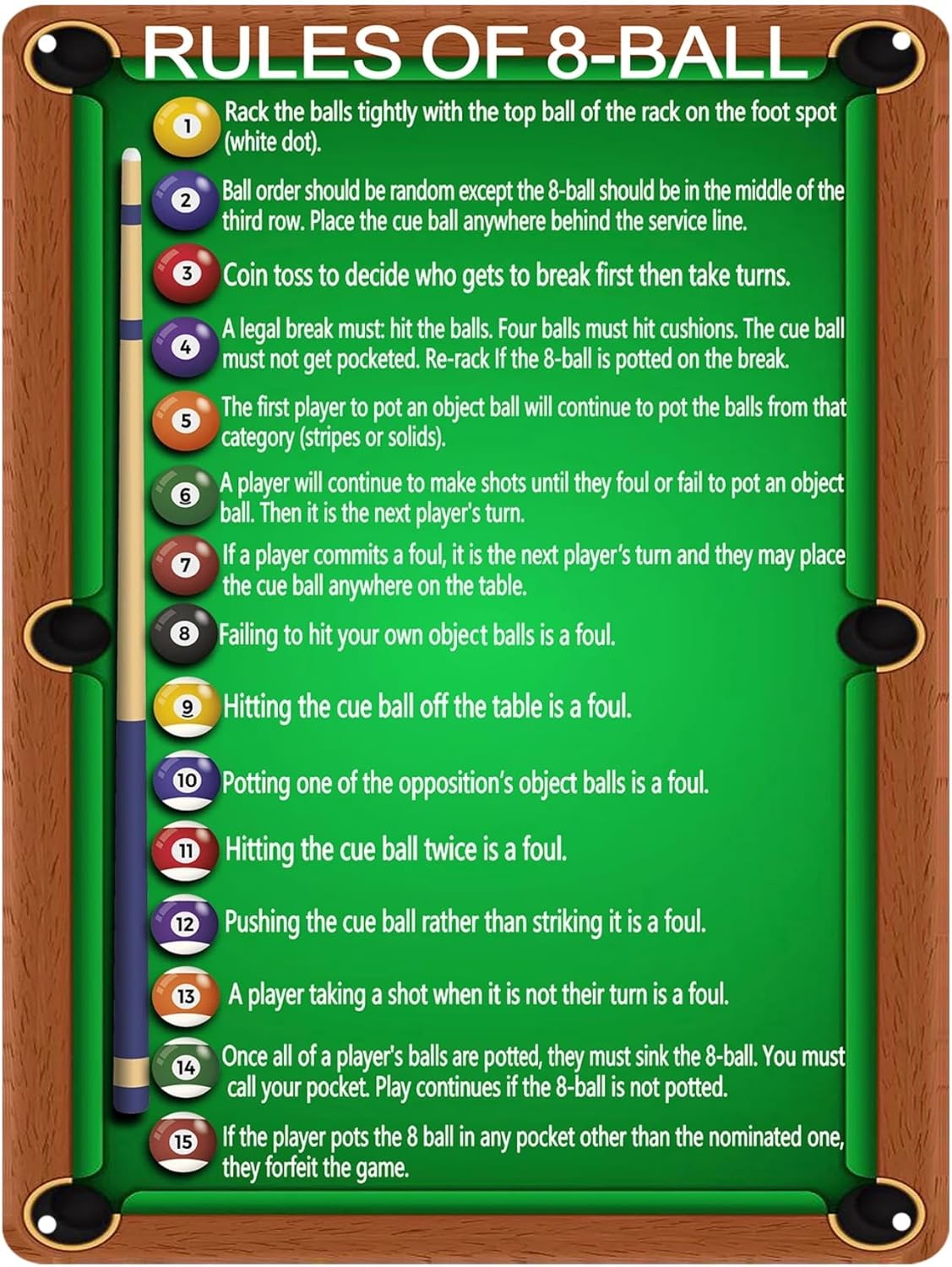 Large Billiards Rules Tin Sign, Metal Wall Art for Game Room, pool ...