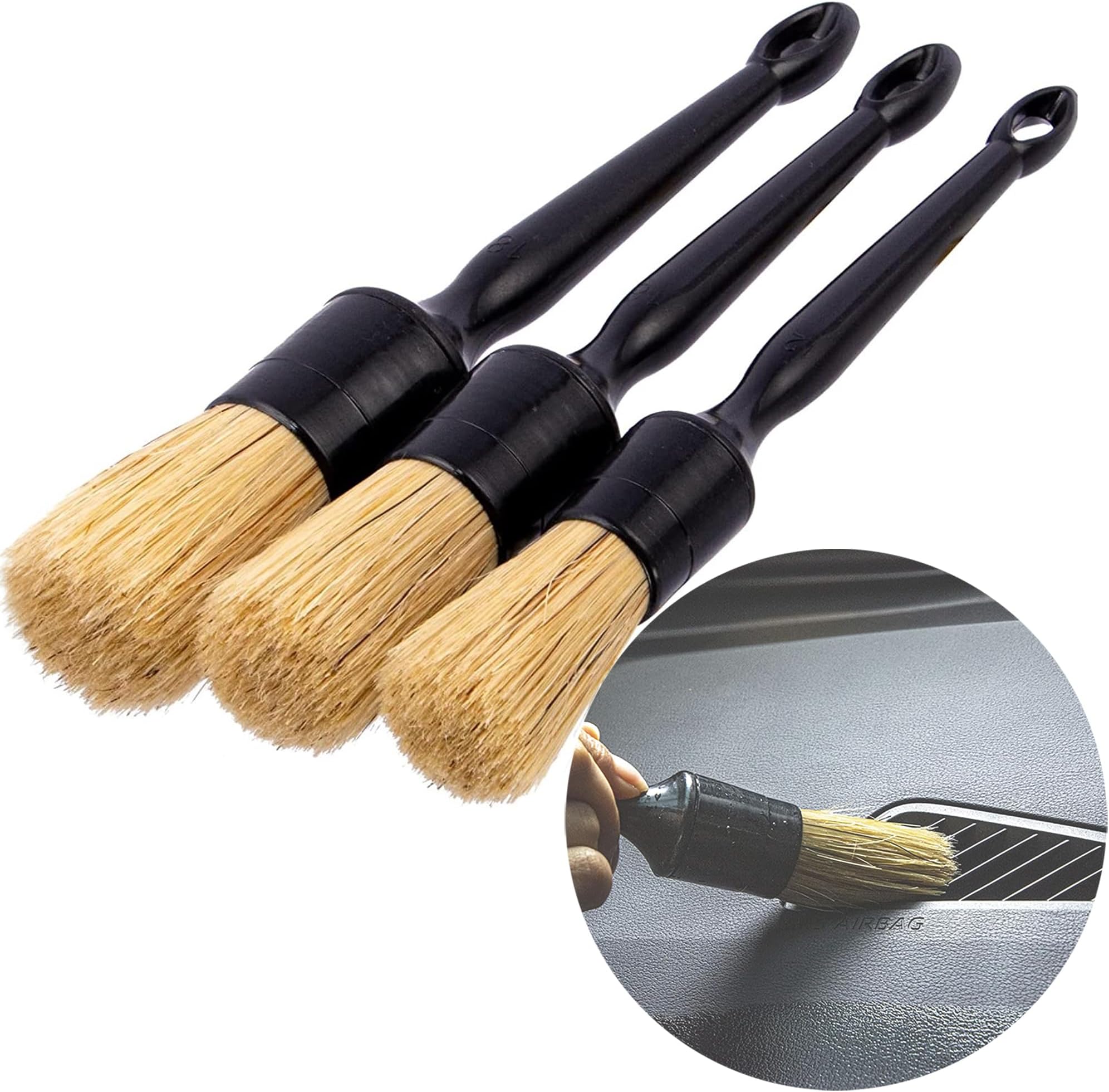 Techson Detailing Brush Set (3 Pack), Soft Boars Hair Bristle Cleaning ...