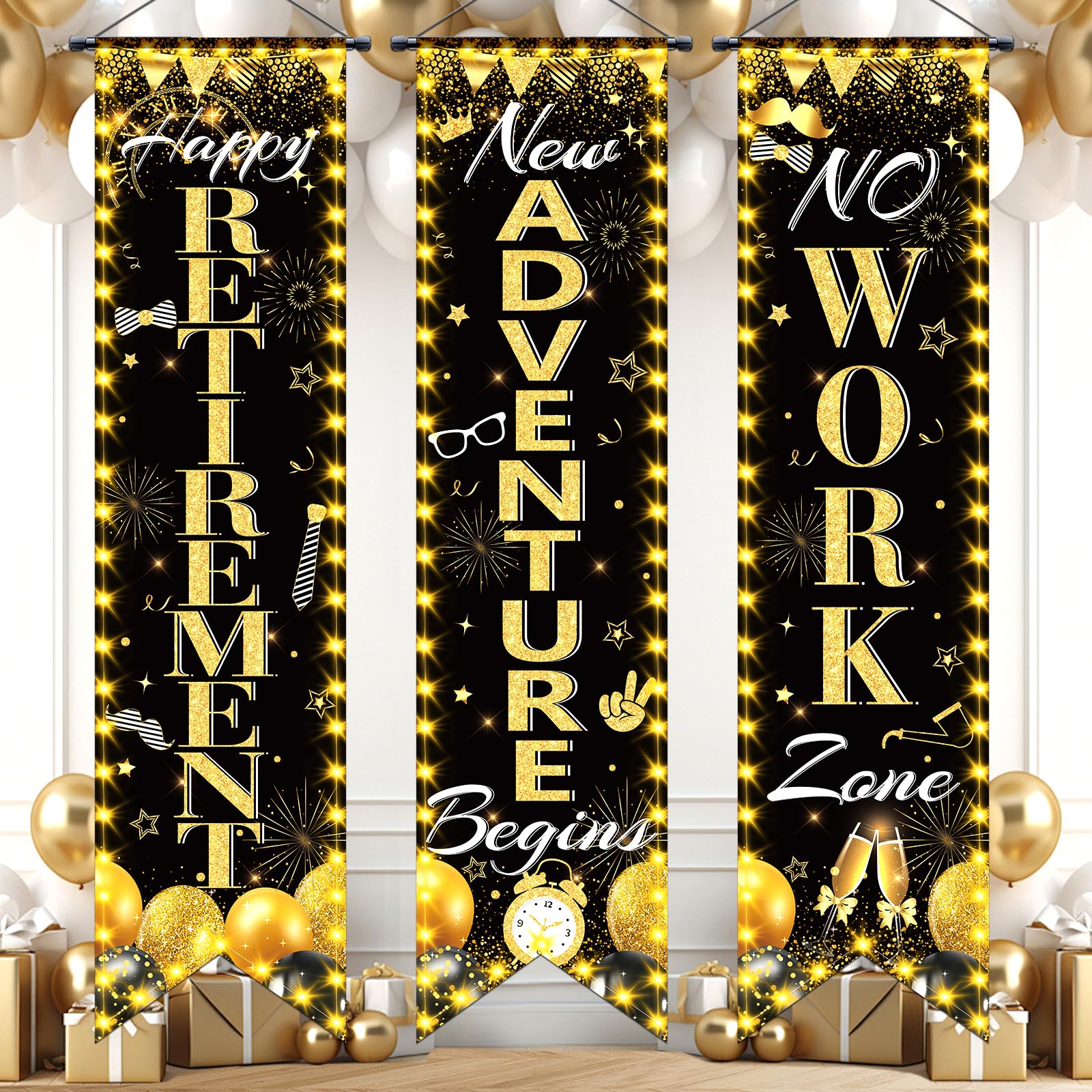 Amazon.com: 3Pcs Retirement Porch Sign Door Hanging Banner Black Gold ...