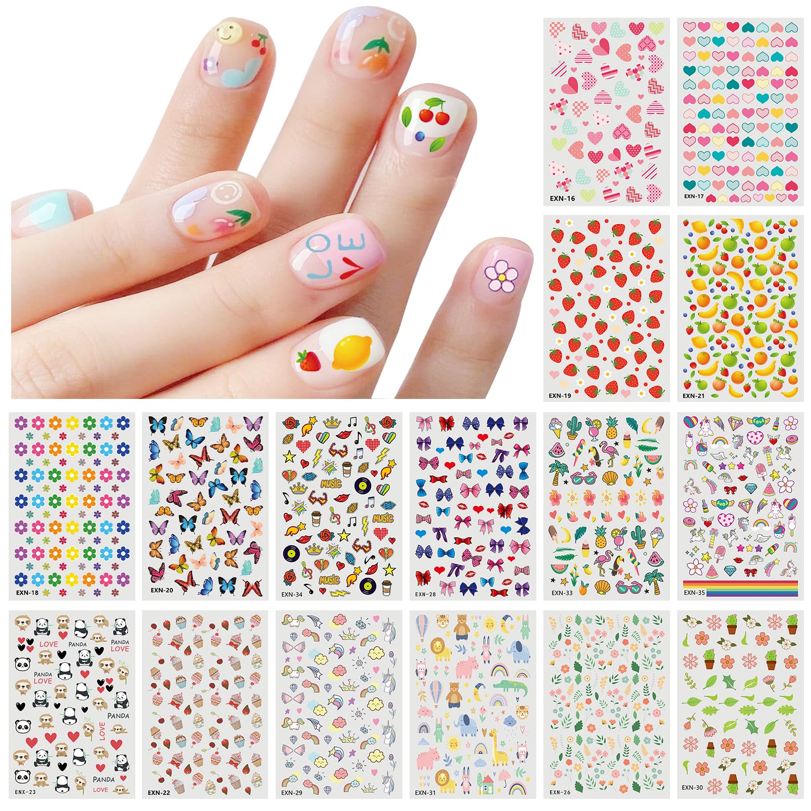 JMEOWIO 18 Sheets Cute Nail Stickers for Kids Nail Art Stickers Decals ...