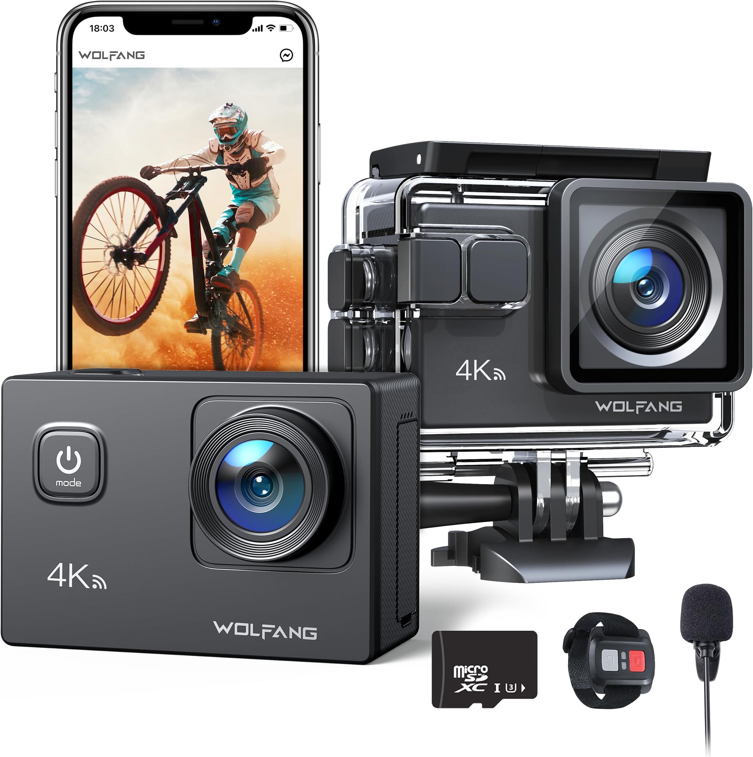 WOLFANG Action Camera GA100 with 64GB microSDXC Memory Card 4K 30FPS ...