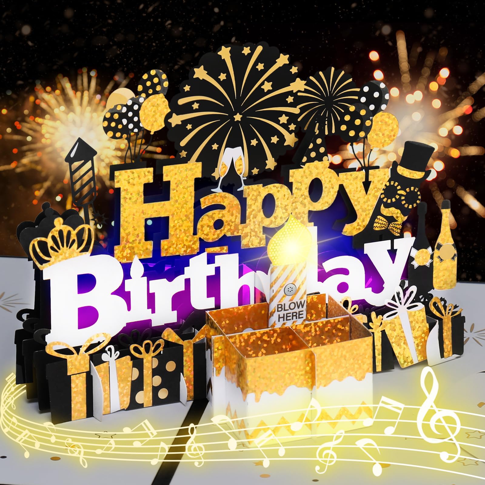 Birthday Card, Musical Birthday Cards with Blowable Light Candle and ...