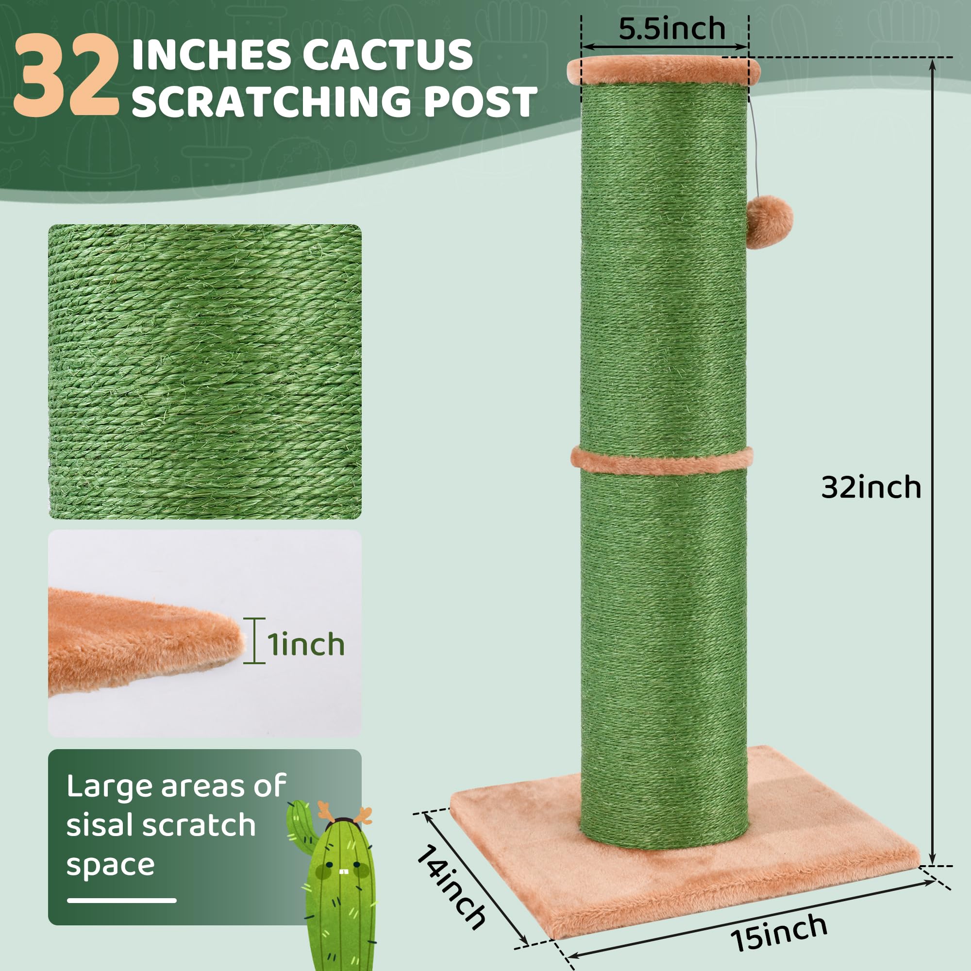 PAWSCRAT Cat Scratching Post 32 Inch High, 5.5 Inch Large Diameter ...