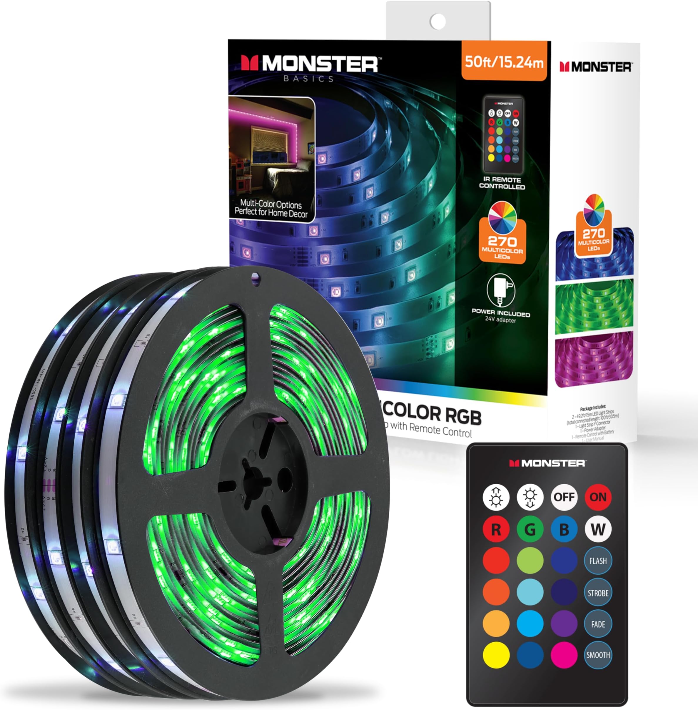 Amazon.com: Monster 50 Foot RGB LED Light Strip with Remote Control ...