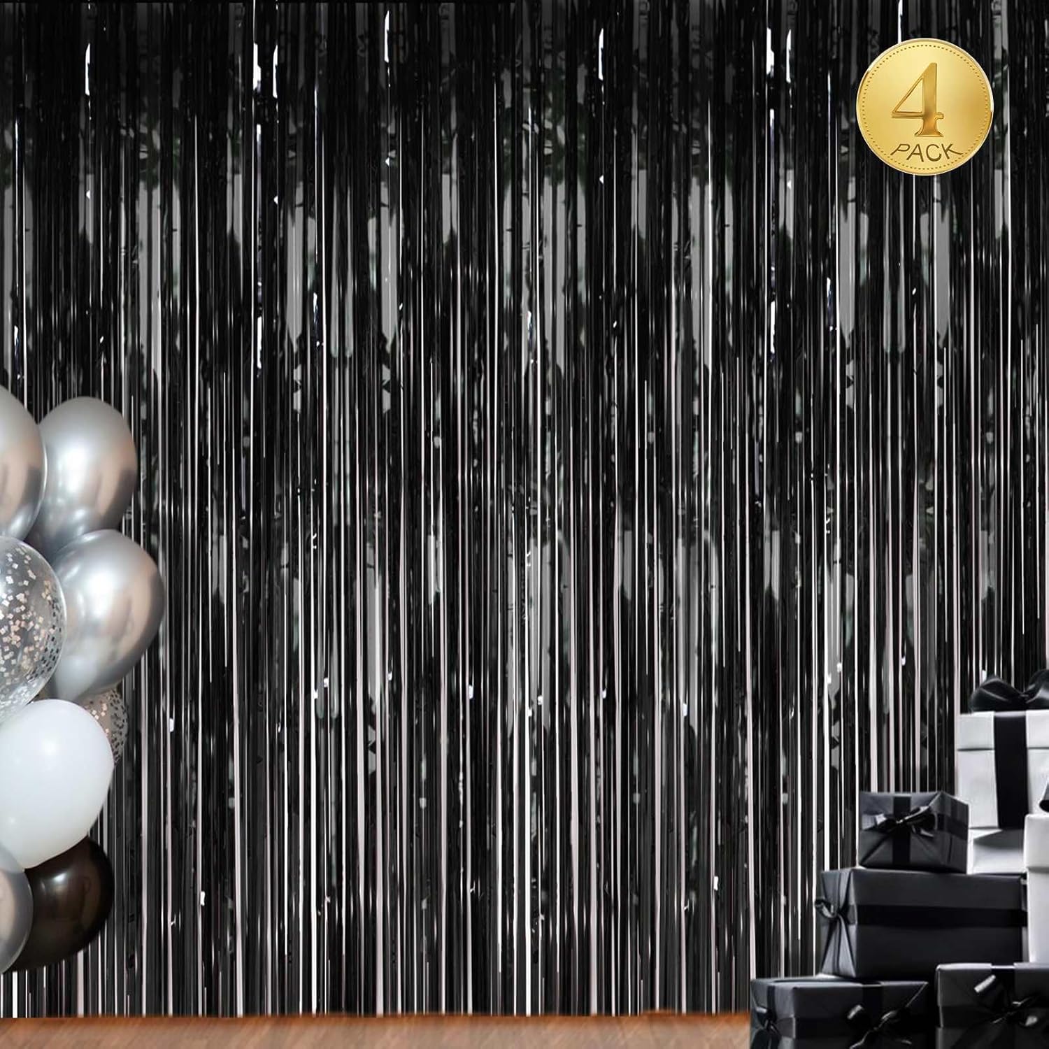 Amazon.com: 4Pack Black Foil Fringe Curtains Black Streamers Backdrop ...