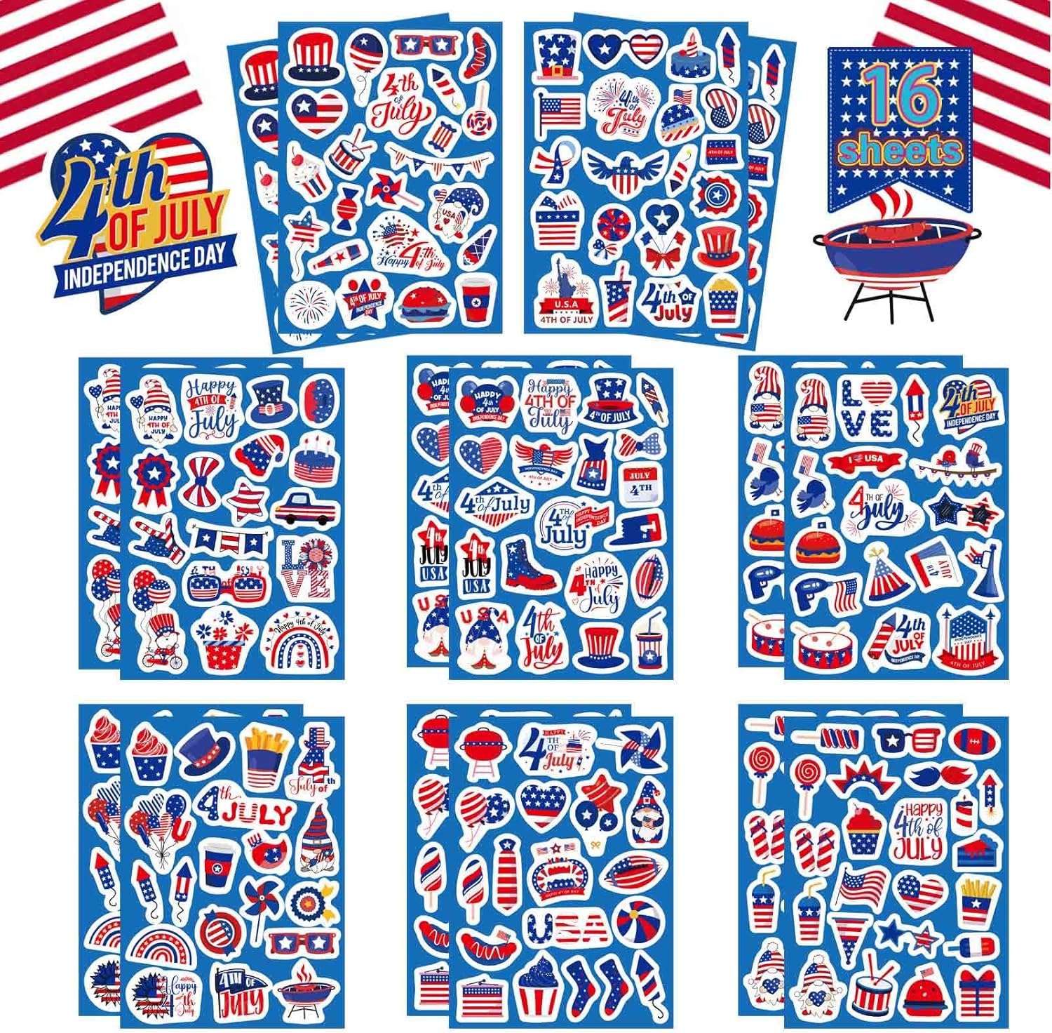 Amazon.com: 4th of July Patriotic Stickers - 16 Sheets Independence Day ...
