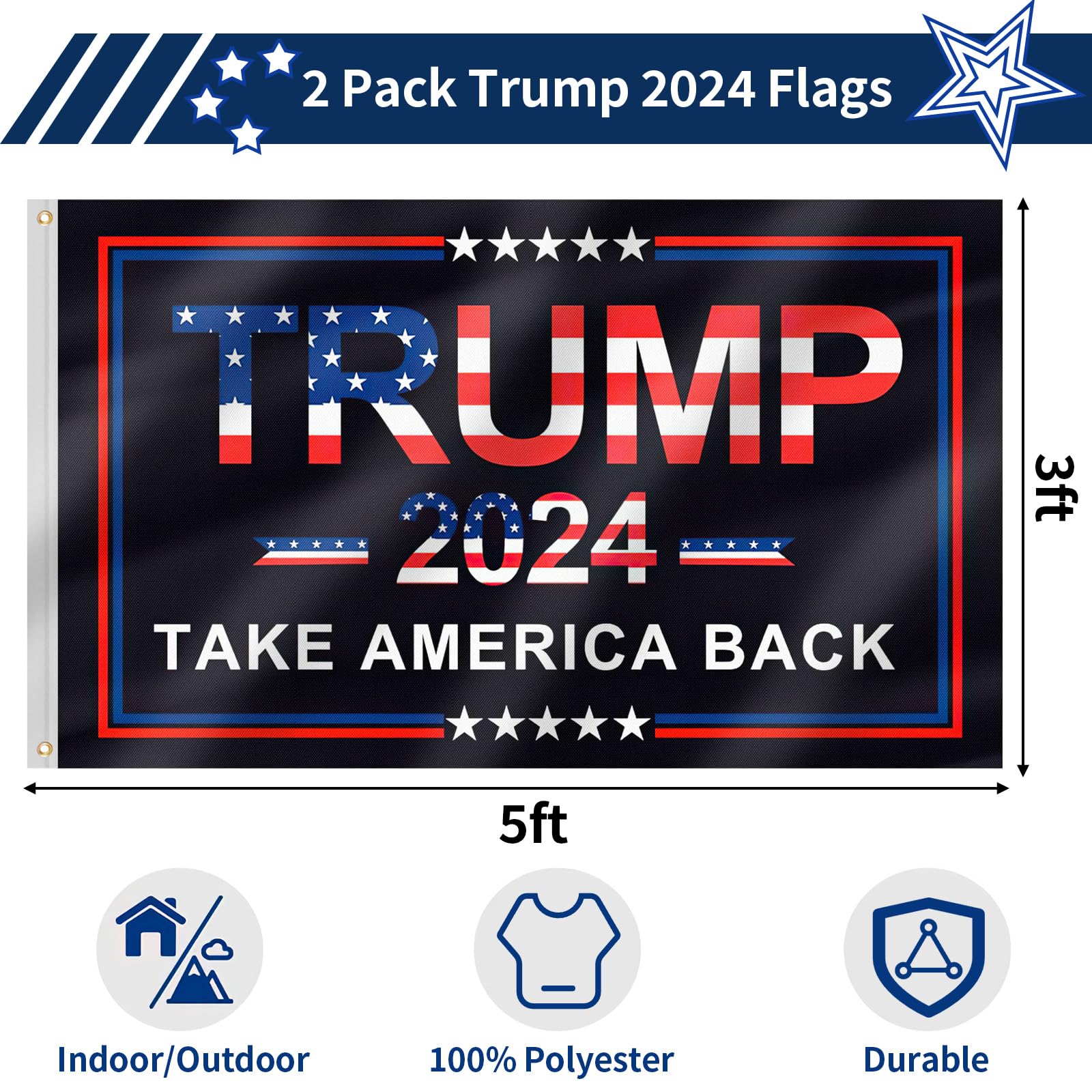 Snapklik Trump 2024 Flag 2 Pack Trump Flags 3x5 Outdoor Single