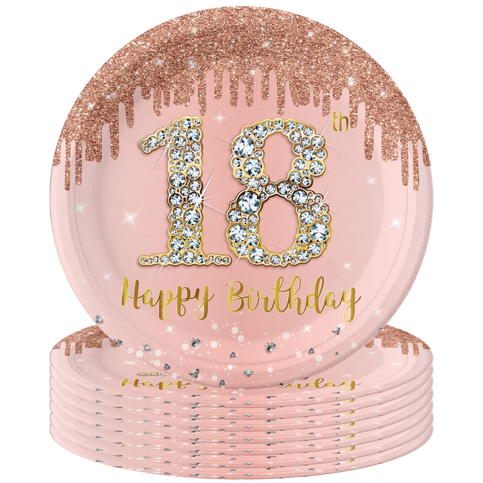 16Pcs 18th Birthday Rose Gold Paper Plates 9 inch,18th Rose Gold Girls ...