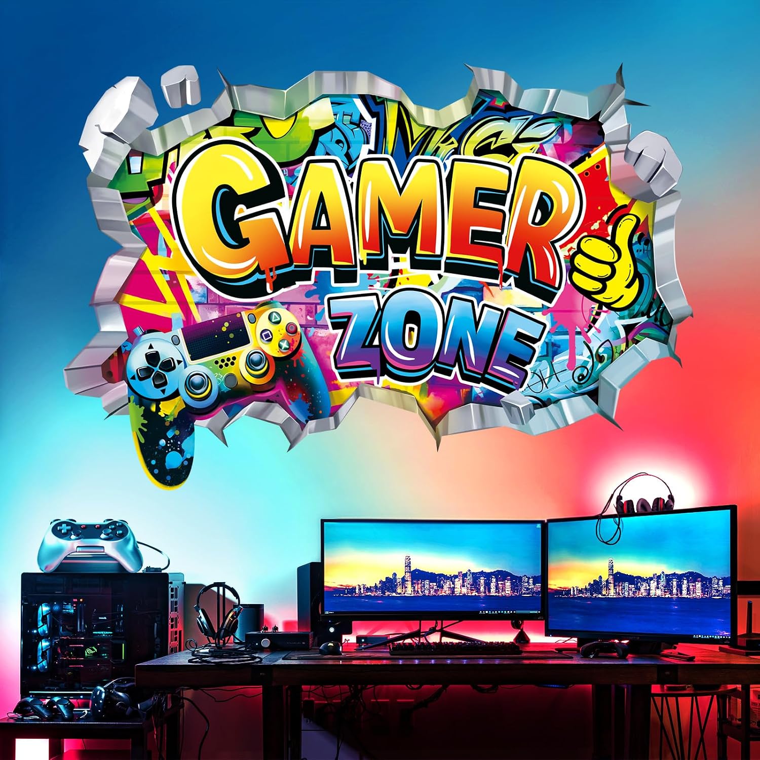 decalmile Large 3D Gamer Zone Wall Decals Gamer Controller Gaming Wall ...