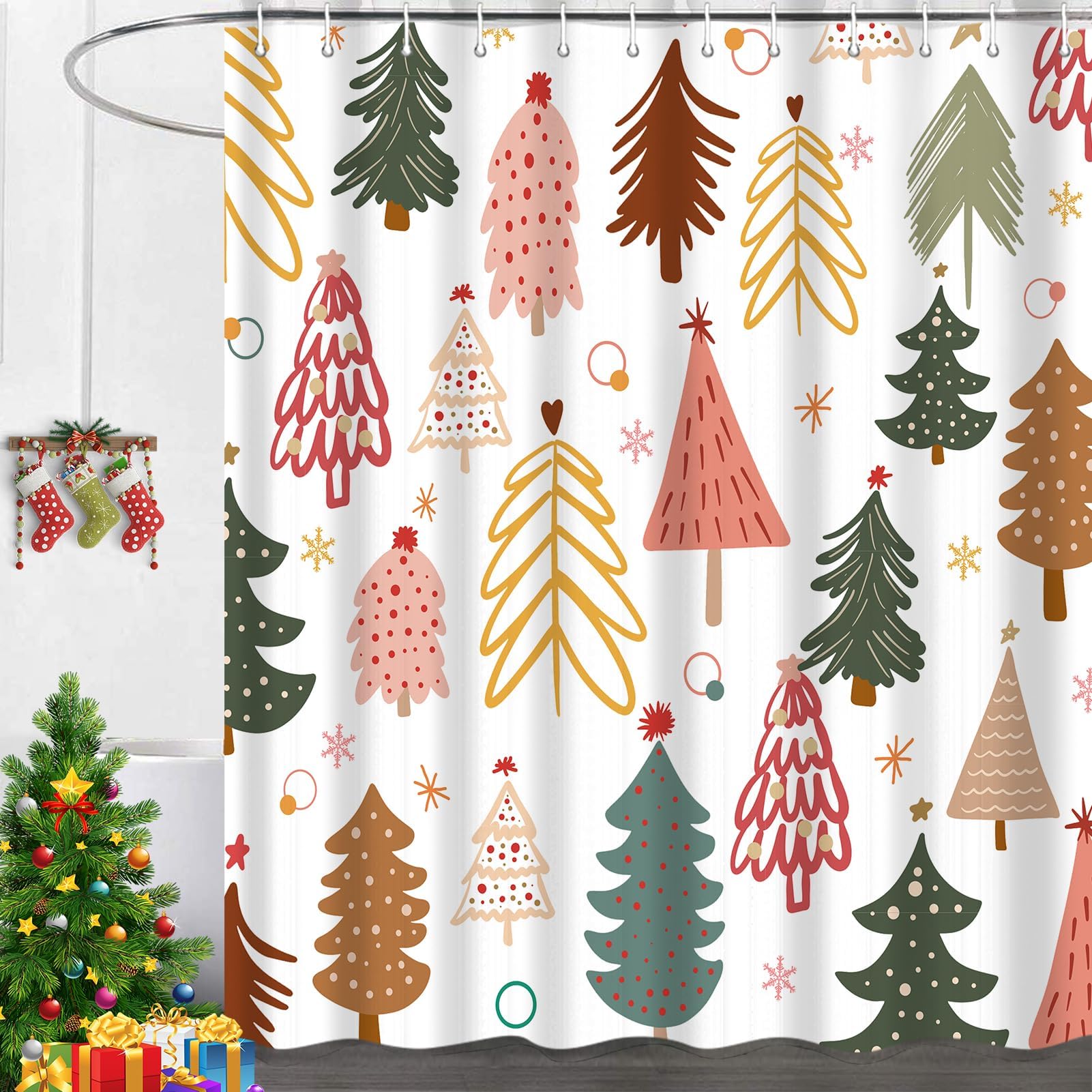 Amazon.com: BNYARH Christmas Shower Curtain Winter Forest Deer Pine Tree Red Bird Xmas Snowflake ...