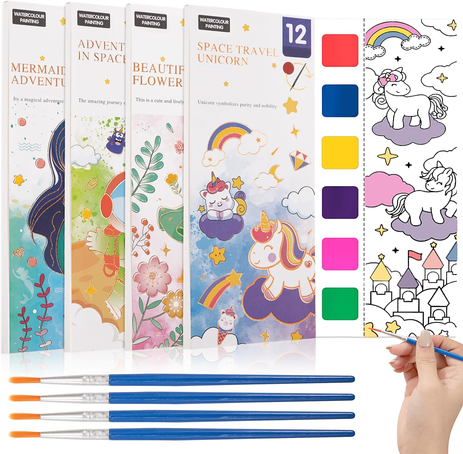 Watercolour Colouring Book with Water Tank Brush for Children, DIY ...