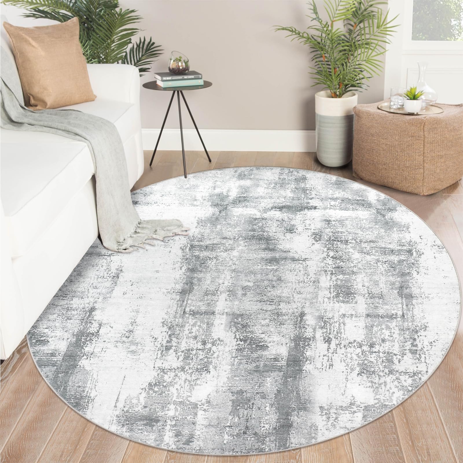 Famibay Rugs Living Room Round 150cm Modern Abstract Grey Rugs Washable ...
