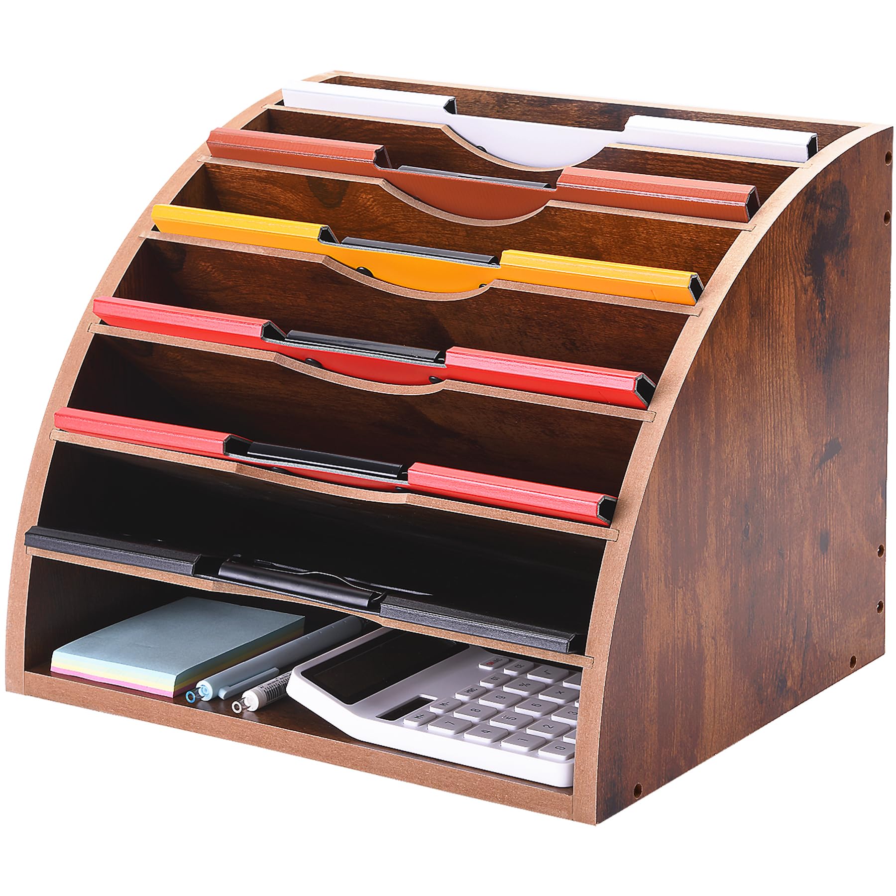 WuGeShop Fan-Shaped Desk File Organizer, 7 Compartments Wooden Paper ...