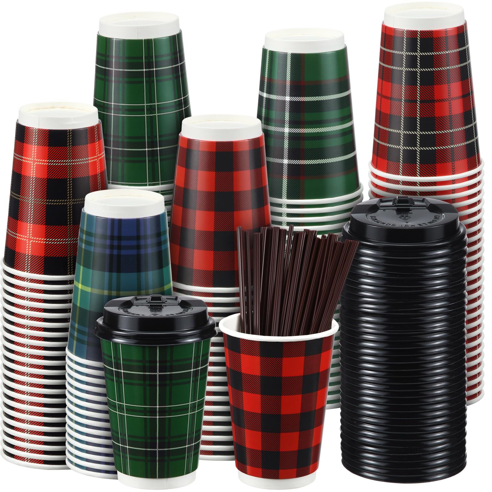 Yungyan 120 Pack 12 oz Christmas Buffalo Plaid Disposable Coffee Cups ...