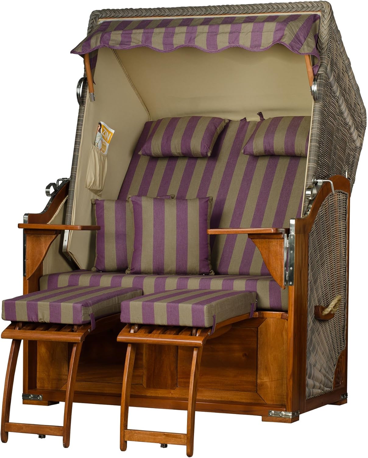 Strandkorb Juist Mahagoni PE Grau Dessin Flieder fertig aufgebaut ...