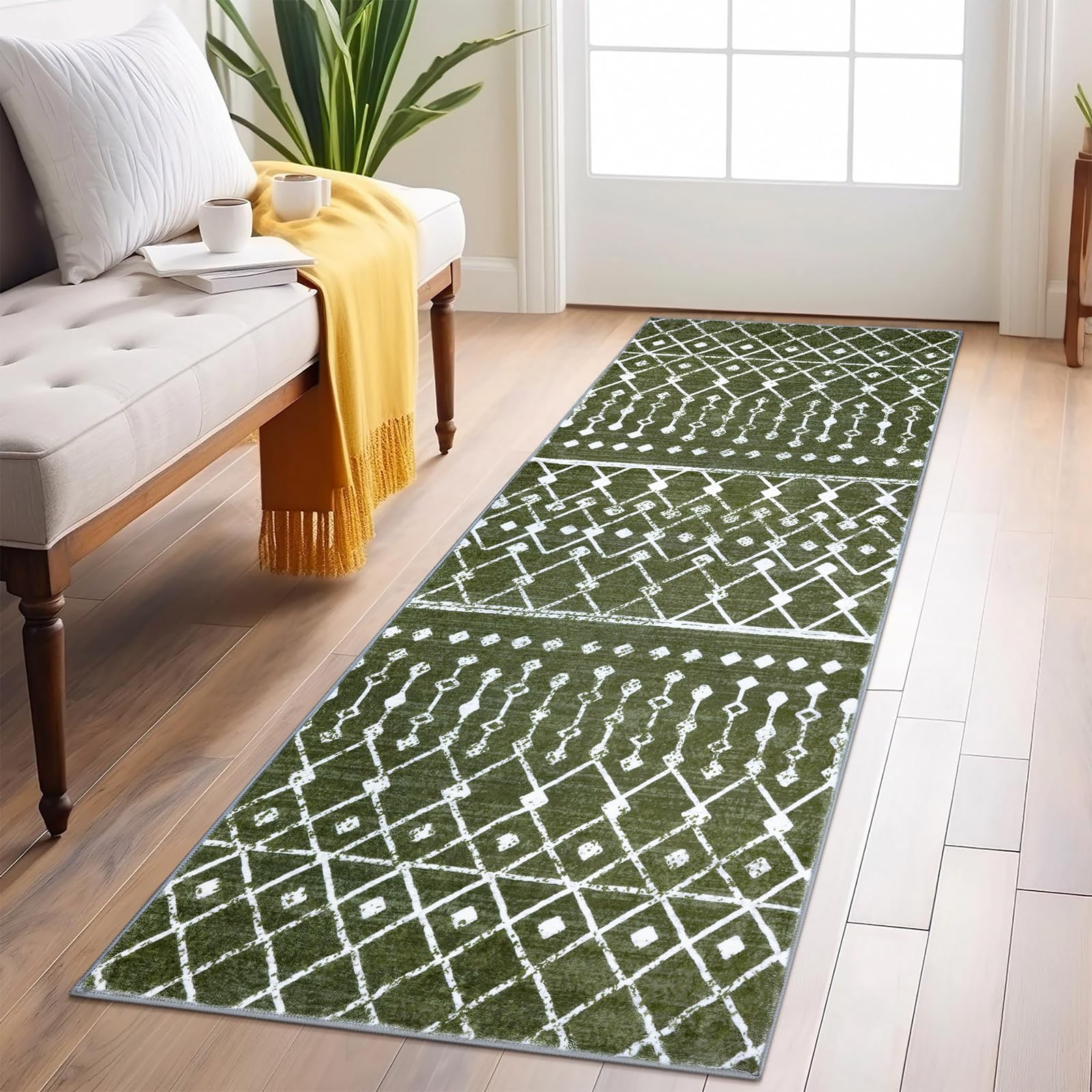 Amazon.com: Lansny Moroccan 2x6 Runner Rug, Green Washable Kitchen ...